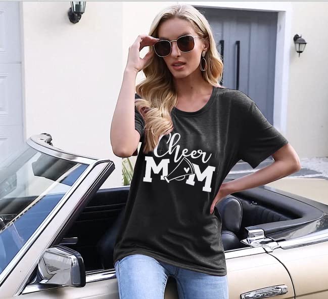 SUPEYA Cheer Mom Shirt for Women Mom Letter Printed T Shirts Casual Short Sleeve Tee Tops Dark Grey