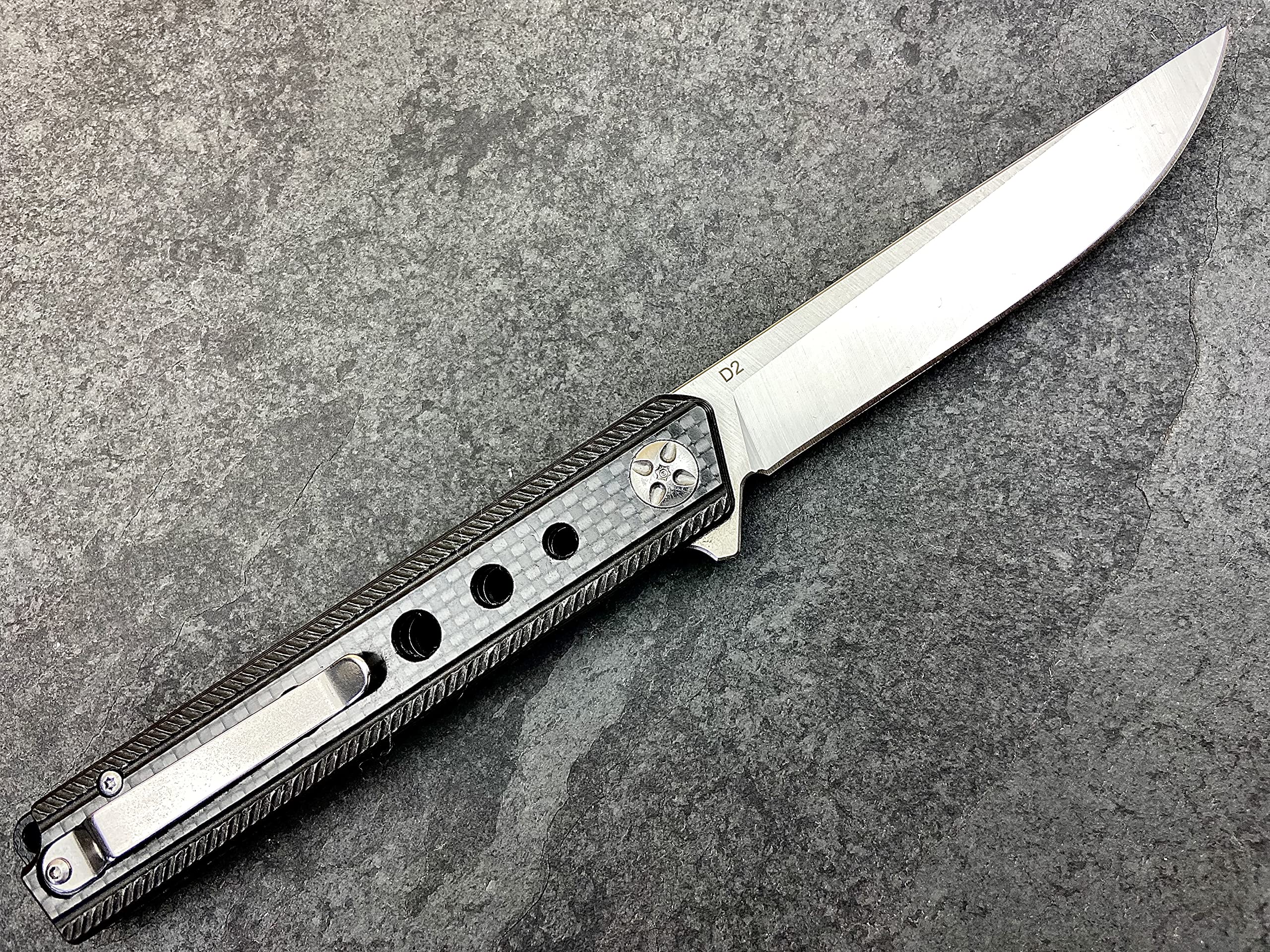 TACTICAL GEARZ Carbon Fiber EDC Pocket Knife! TG Torus, Carbon Fiber Handle! Razor Sharp D2 Steel Blade! Ball Bearing Pivot System Open! Includes Sheath! (Torus)