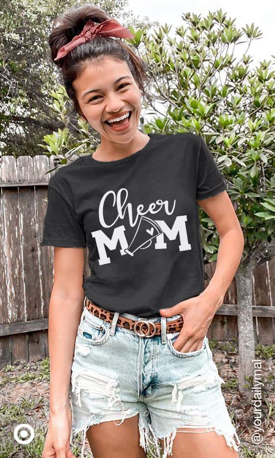 SUPEYA Cheer Mom Shirt for Women Mom Letter Printed T Shirts Casual Short Sleeve Tee Tops Dark Grey