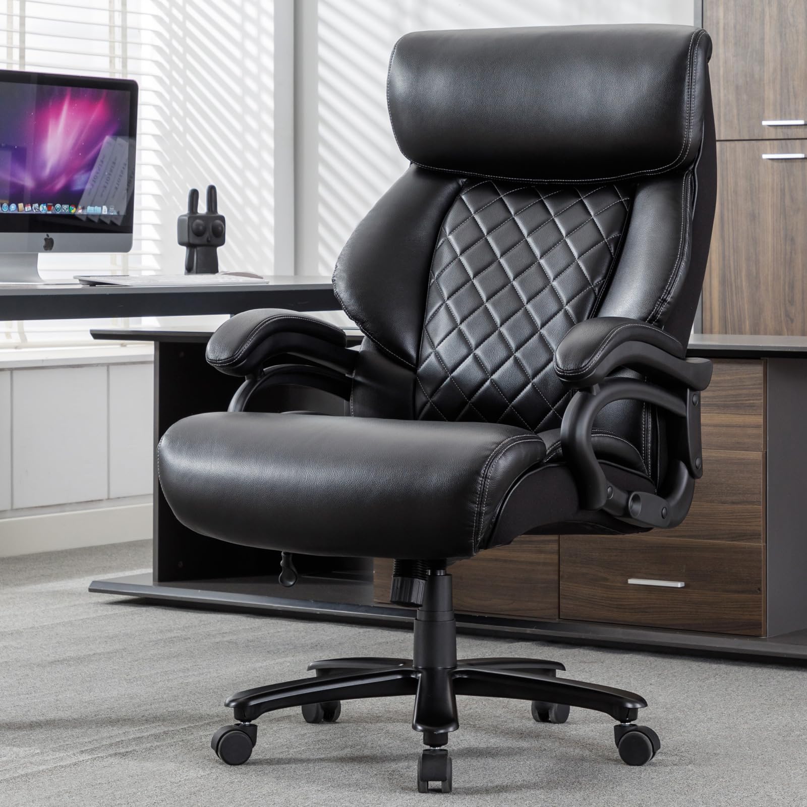 BOWTHY Big and Tall Office Chair 400lbs Heavy Duty Ergonomic Computer Desk Chair with Arms High Back Adjustable Lumbar Support 360 Swivel Task Chair Executive Leather Chair (Black)
