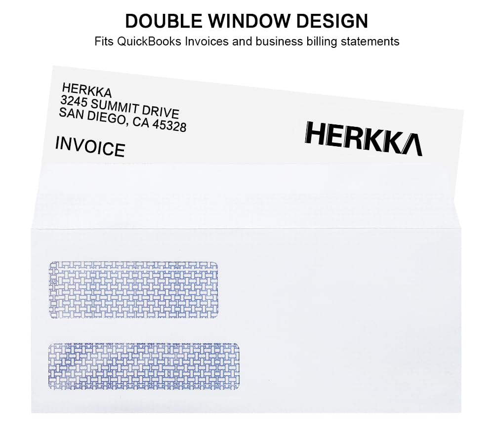 #9 Double Window Security Envelopes, HERKKA No.9 Double Window Business Envelopes Designed for Quickbooks Invoices and Business Statements - Number 9 Size 3 7/8 Inch X 8 7/8 Inch - 24 LB - 500 Count