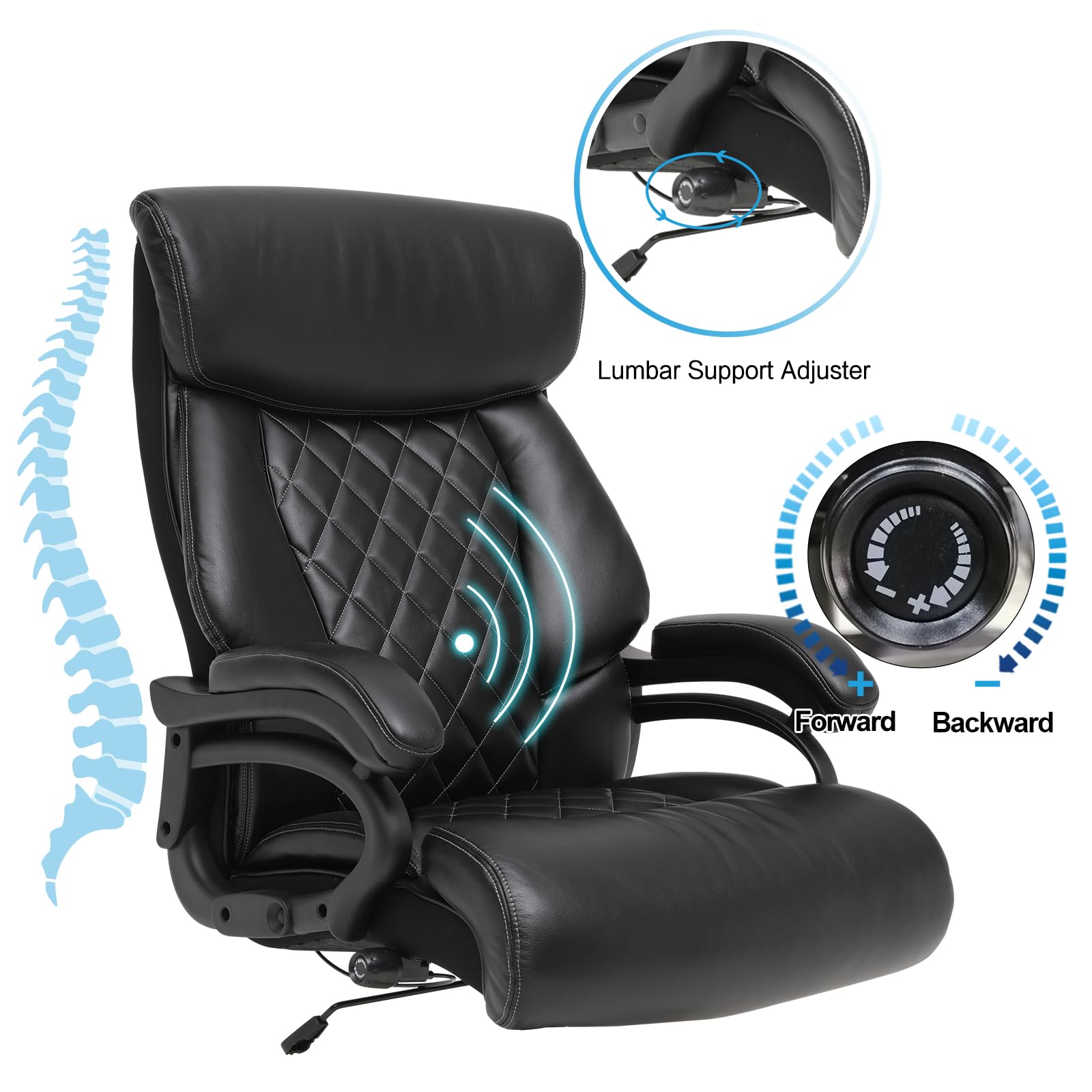 BOWTHY Big and Tall Office Chair 400lbs Heavy Duty Ergonomic Computer Desk Chair with Arms High Back Adjustable Lumbar Support 360 Swivel Task Chair Executive Leather Chair (Black)
