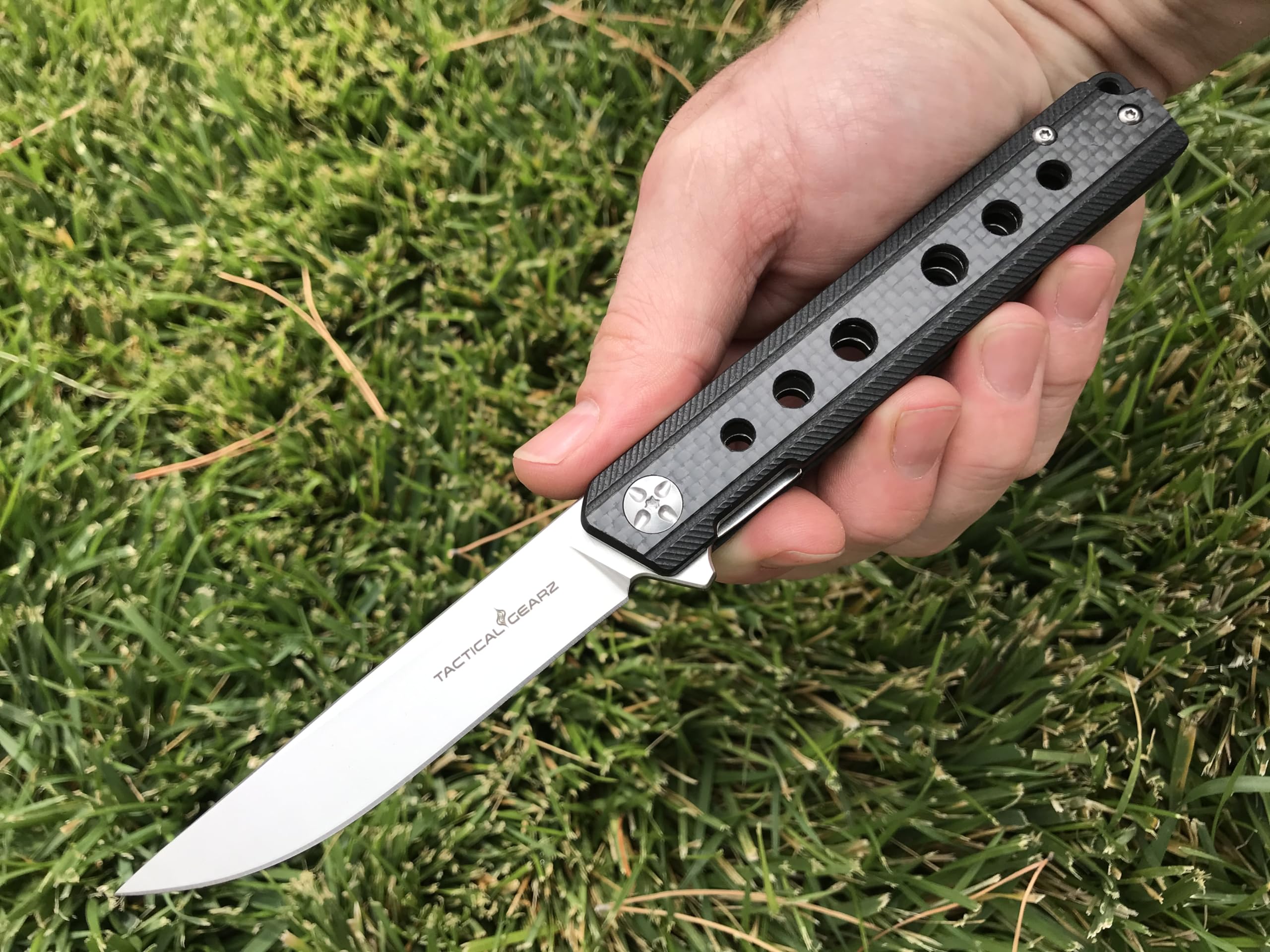 TACTICAL GEARZ Carbon Fiber EDC Pocket Knife! TG Torus, Carbon Fiber Handle! Razor Sharp D2 Steel Blade! Ball Bearing Pivot System Open! Includes Sheath! (Torus)