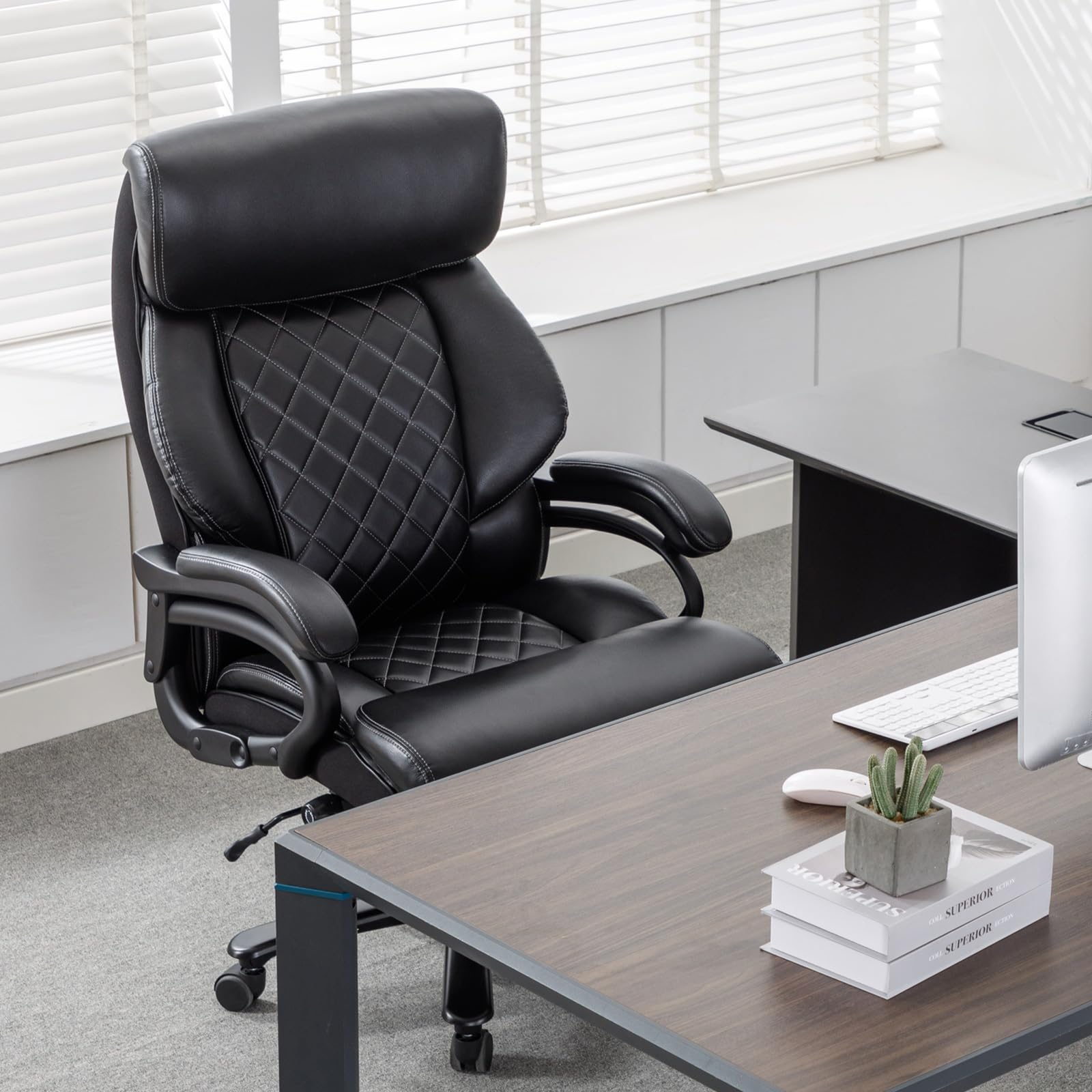 BOWTHY Big and Tall Office Chair 400lbs Heavy Duty Ergonomic Computer Desk Chair with Arms High Back Adjustable Lumbar Support 360 Swivel Task Chair Executive Leather Chair (Black)
