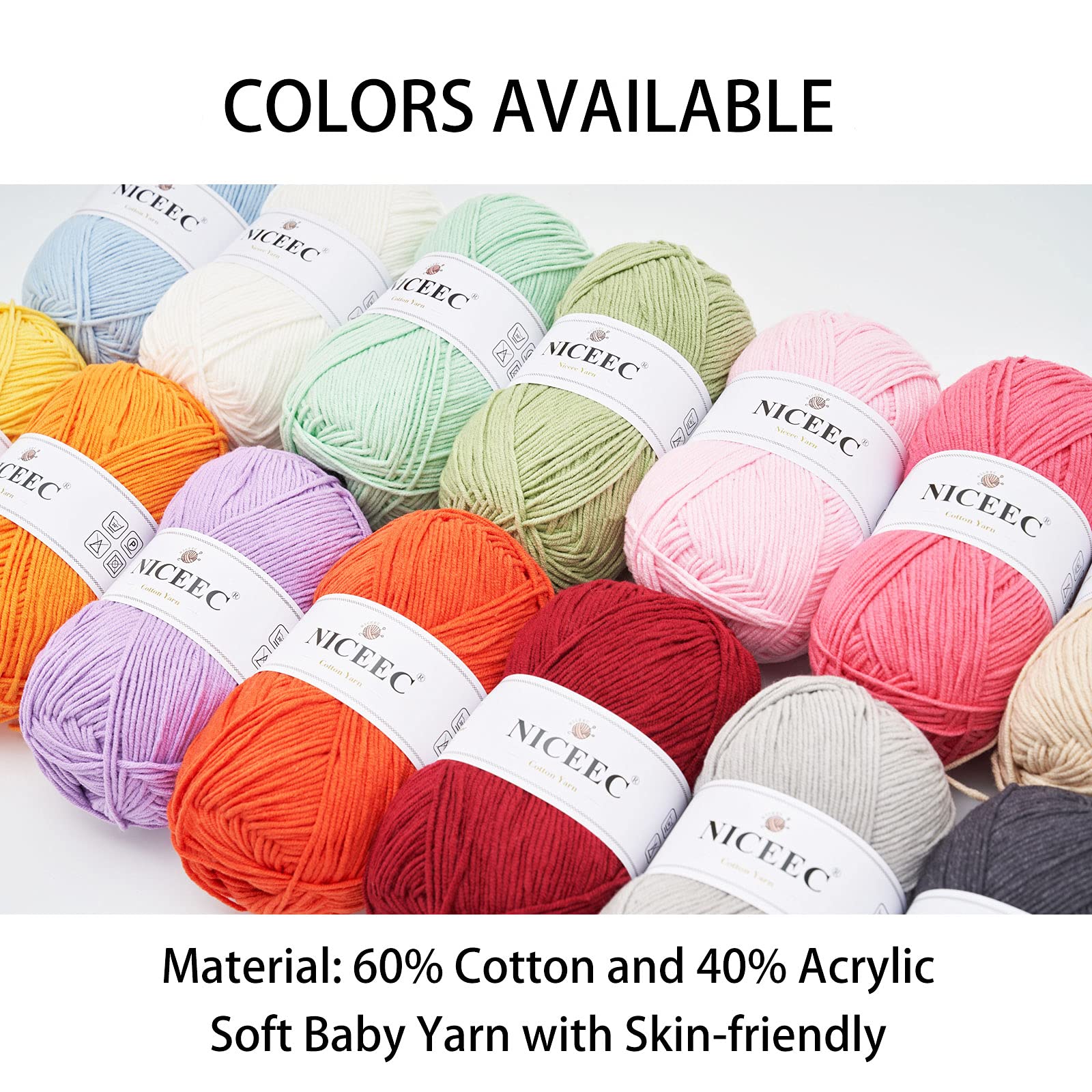 NICEEC 3 Skeins Soft Cotton Yarn 5ply Baby Cotton Yarn for Knitting Crochet Baby Weight Yarn Cotton Blend Yarn Total Length 3×220m(3×240 yds,100g×3)-Light Grey