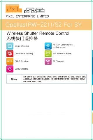 Pixel 2.4GHz Digital Wireless Remote Control S2 Remote Shutter Release for Sony A58 A68 A1 A9 A7 A7II A7R A7RII A7S A5000 A5100 A6000 A6300 A6400 A6500 A6600 RX100II HX300 HX400 HX400V HX50V HX90 RX10