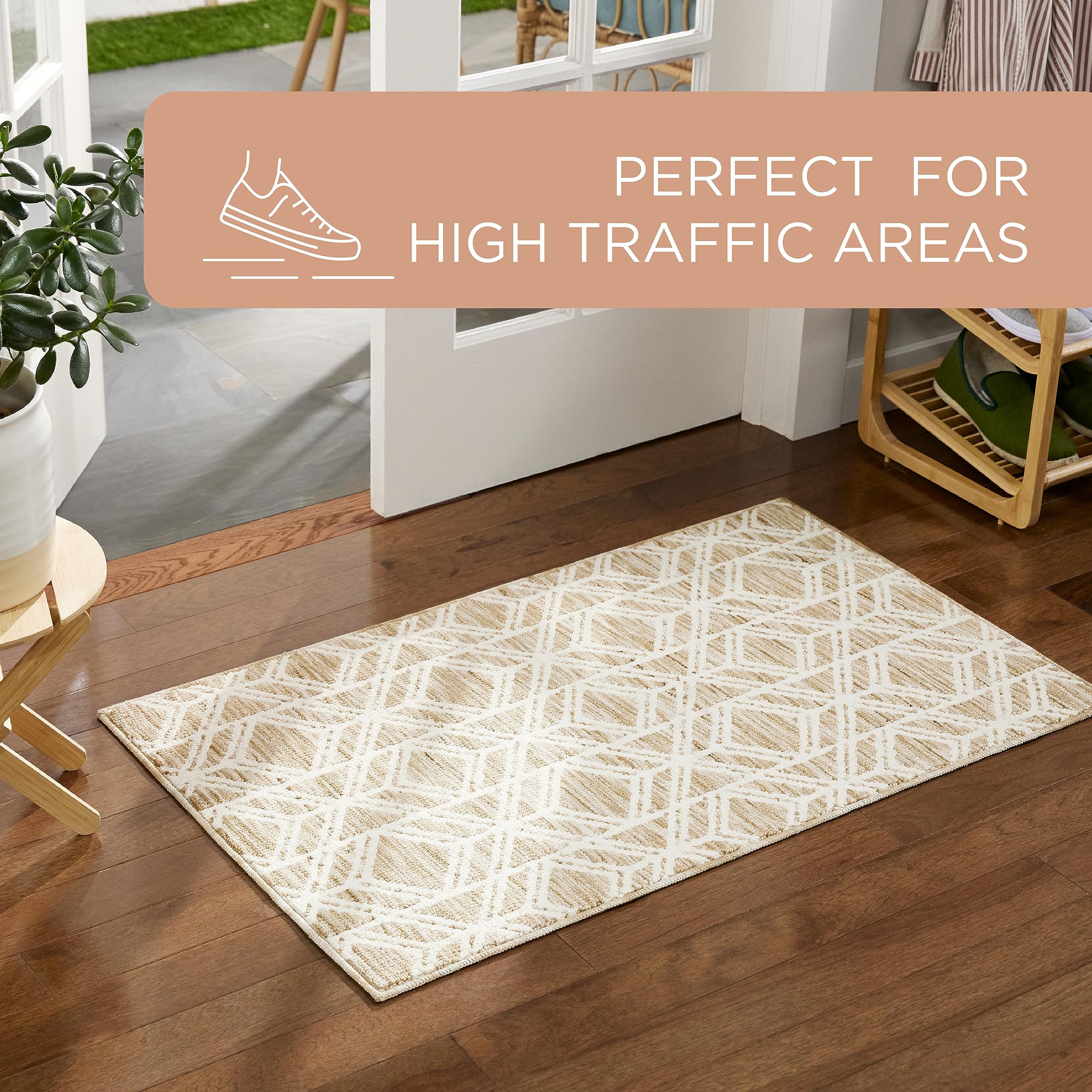 TOWN & COUNTRY EVERYDAY Walker Modern Diamond Everwash™ Washable Multi-Use Decorative Rug, Tufted Kitchen Runner Rug, Low-Profile Door Mat, Bath Rug with Non-Slip Backing, Beige, 24"x72"
