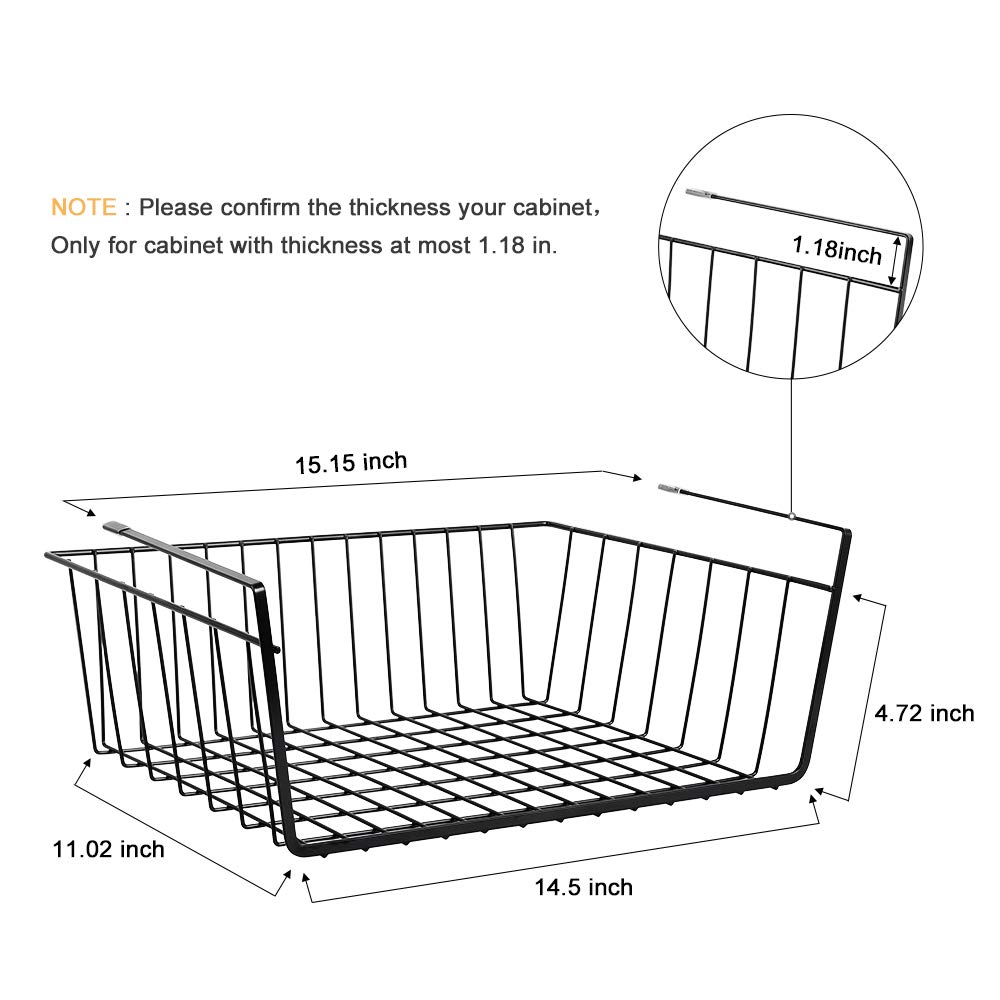 Under Shelf Basket 4 Pack Hanging Under Shelf Storage Organizer Black Metal Wire Grid Under Table Shelf Storage Basket Rack for Pantry Cabinet Desk Bookshelf Office Closet