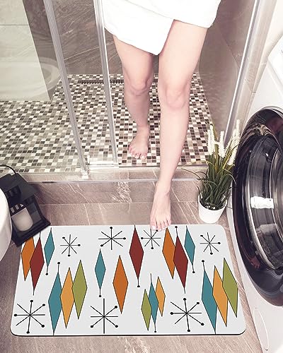 Bath Mat Mid-Century Geometry Maroon Turmeric Green Blue Diamond Pattern Super Quick Dry Diatom Mud Bath Rugs Non-Slip Washable Floor Mats for Bathtub Shower Room Sink, 16x24In