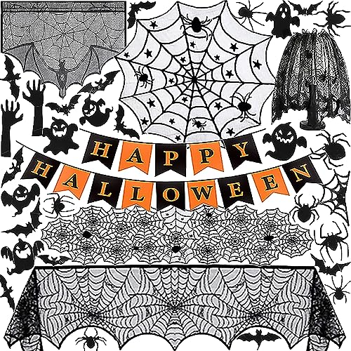 7 Pack Halloween Decorations Indoor Set- Halloween Fireplace Mantel Scarf&Spider Table Runners&Round Tablecloth&Halloween Banner&Cobweb Lampshade&Coasters&3D Bat Sticker for Halloween Party Decors (F)