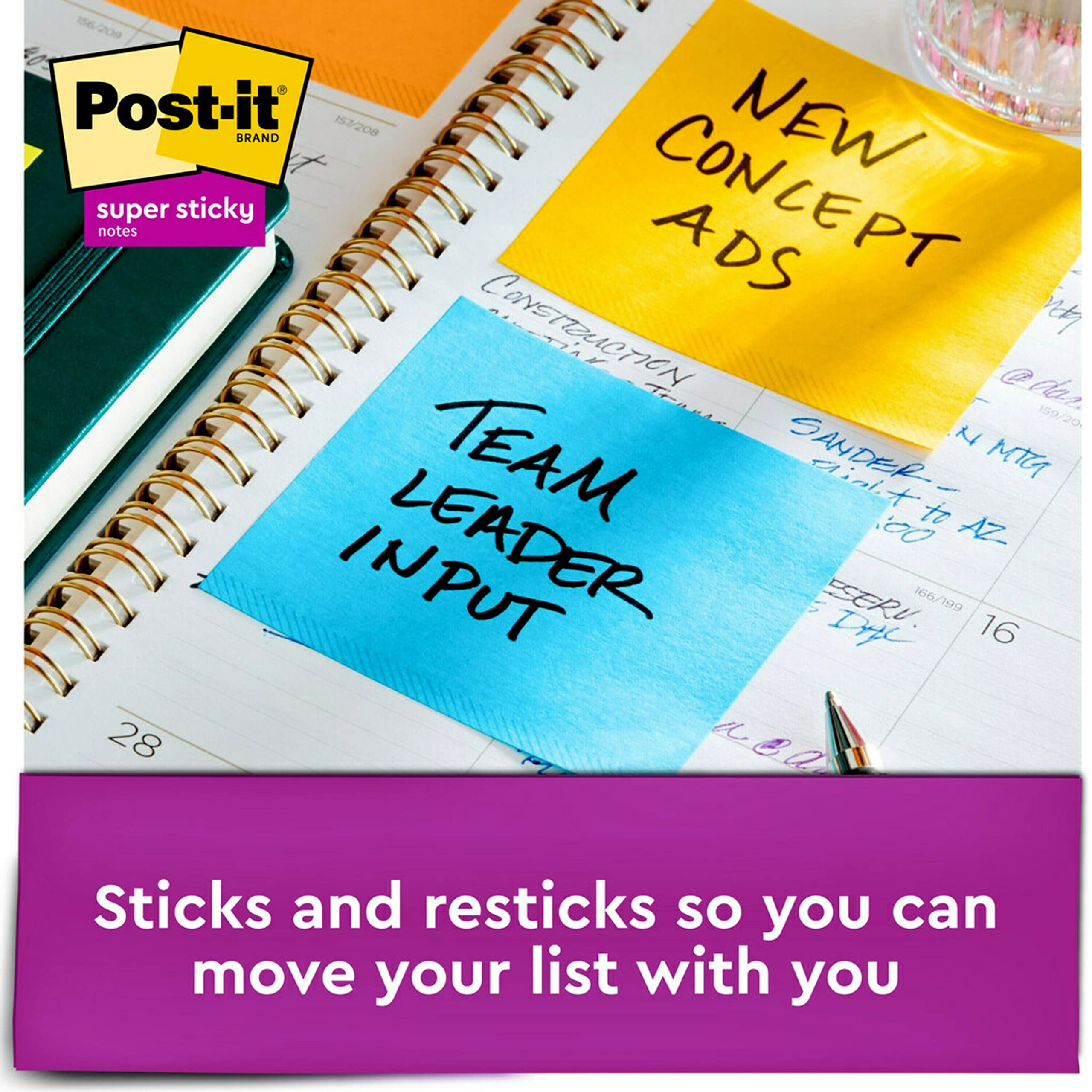 Post-it Super Sticky Full Stick Notes, 3x3 in, 16 Pads, 2x the Sticking Power, Energy Boost Collection, Bright Colors (Orange, Pink, Blue, Green), Recyclable (F330-16SSAU)