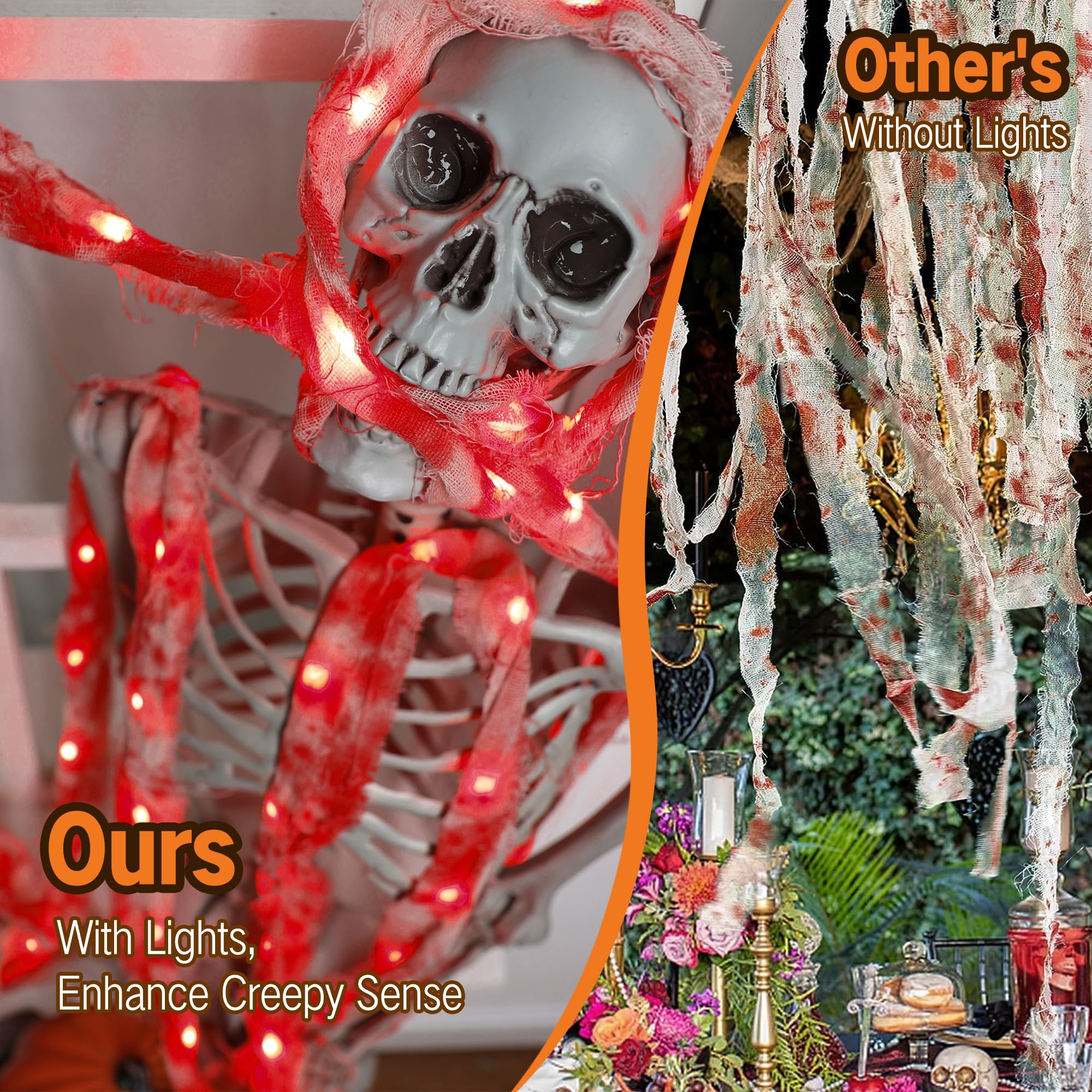 Brizled Lighted Halloween Creepy Blood Gauze Cloth, 16.4ft 50 LED Bloody Cloth Halloween String Lights, Steady ON/Twinkle Spooky Fabric Bloody Strip with Lights Haunted House Staircase Windows Decor
