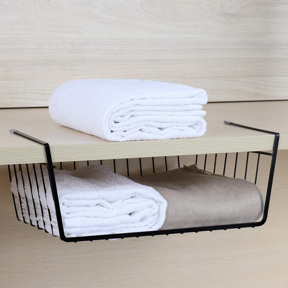 Under Shelf Basket 4 Pack Hanging Under Shelf Storage Organizer Black Metal Wire Grid Under Table Shelf Storage Basket Rack for Pantry Cabinet Desk Bookshelf Office Closet