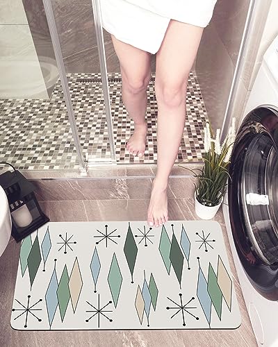Bath Mat Mid-Century Geometry Teal Green Beige Diamond Pattern Super Quick Dry Diatom Mud Bath Rugs Non-Slip Floor Mats for Bathtub Shower Room Sink, 16x24In