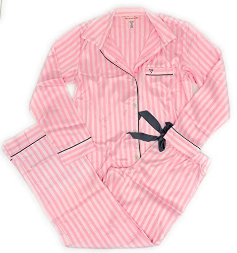 Victoria's Secret Satin Long PJ Pajama Set, Pink/White Iconic Stripe, X-Small
