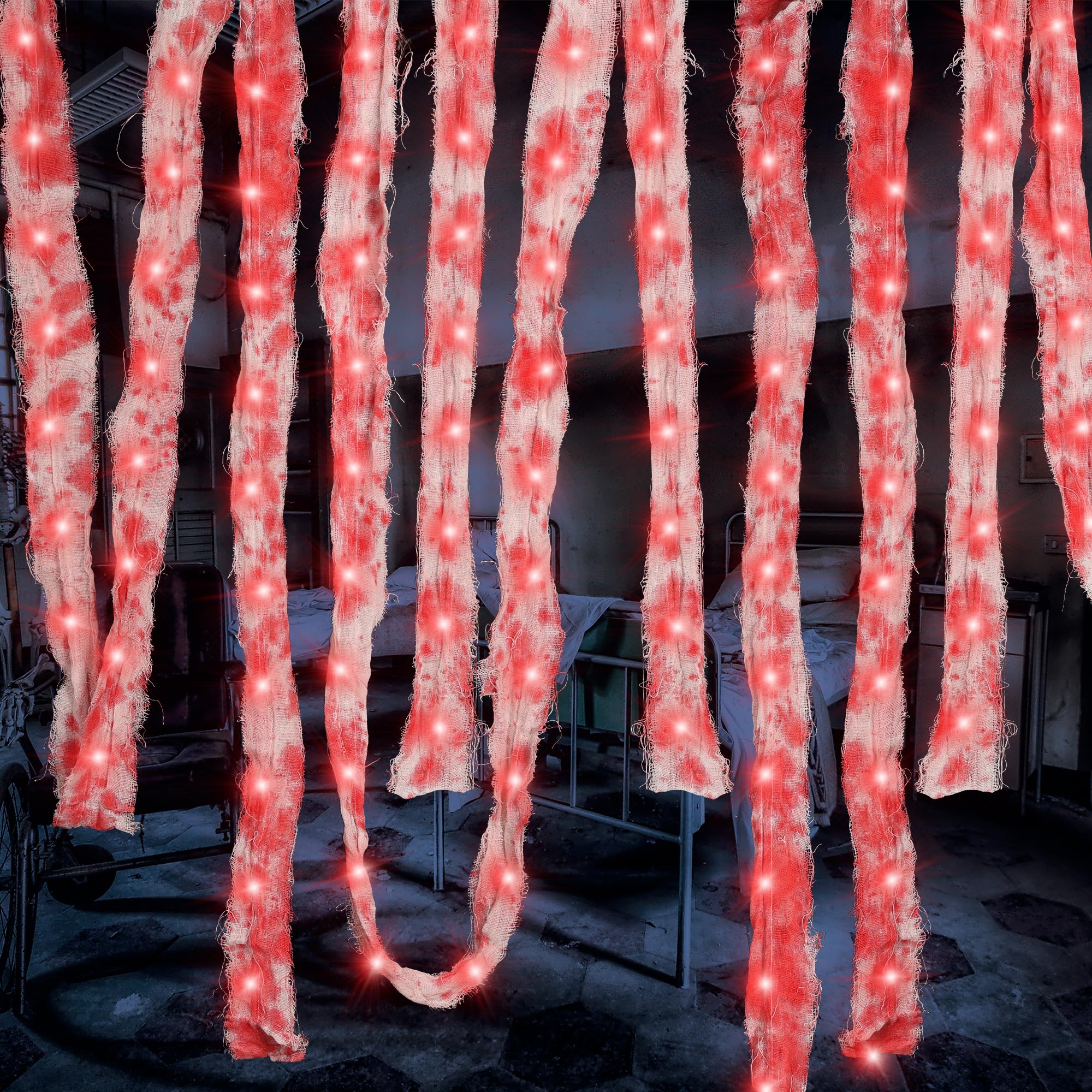 Brizled Lighted Halloween Creepy Blood Gauze Cloth, 16.4ft 50 LED Bloody Cloth Halloween String Lights, Steady ON/Twinkle Spooky Fabric Bloody Strip with Lights Haunted House Staircase Windows Decor
