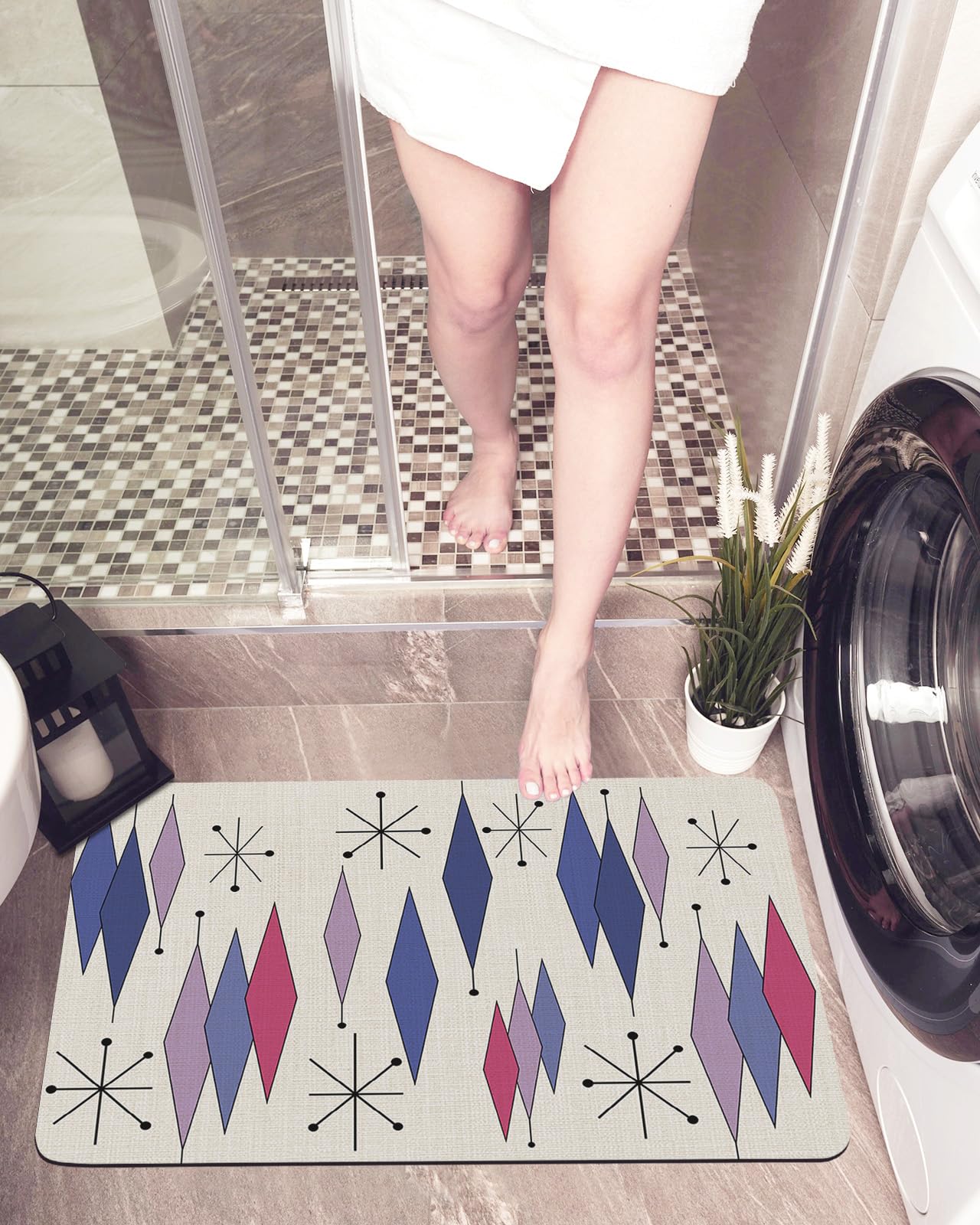Bath Mat Mid-Century Geometry Purple Rose Red Diamond Pattern Super Quick Dry Diatom Mud Bath Rugs Non-Slip Floor Mats for Bathtub Shower Room Sink, 16x24In