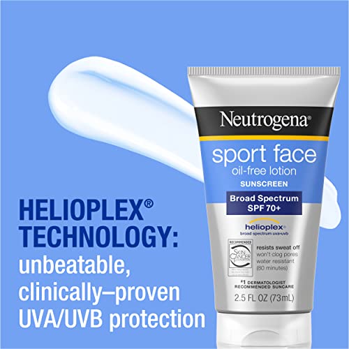 Neutrogena Sport Face Sunscreen SPF 70+, Oil-Free Facial Sunscreen Lotion with Broad Spectrum UVA/UVB Sun Protection, Sweat-Resistant & Water-Resistant, 2.5 fl. oz