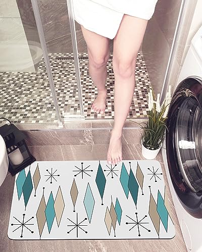 Bath Mat Mid-Century Geometry Teal Turquoise Beige Diamond Pattern Super Quick Dry Diatom Mud Bath Rugs Non-Slip Floor Mats for Bathtub Shower Room Sink, 16x24In