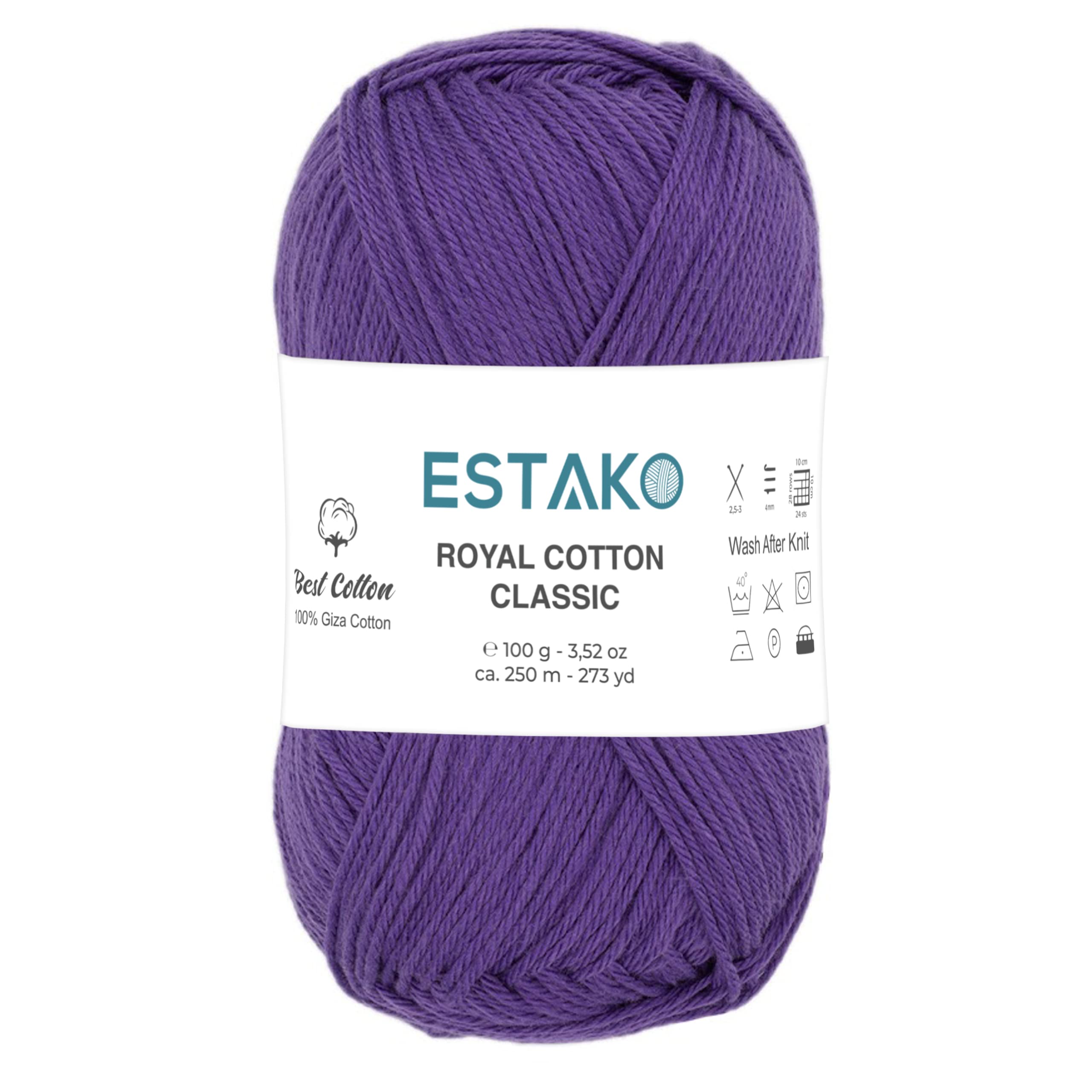 Estako Royal Cotton Classic, 100% Giza Cotton Yarn, Soft, Super Fino 1 for Crochet and Knitting 3.52 Oz (100g) / 273 Yrds (250m) (4068 - Purple)