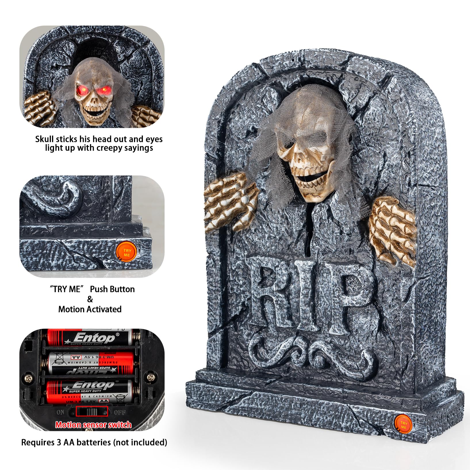 Motion Activated Halloween Animatronics Zombie Tombstone - LED Gravestone Decorations with Spooky Skeleton Skull Head, Light Up Eyes, Creepy Voice, Scary Motion Haunted Horror Prop for Indoor/Outdoor