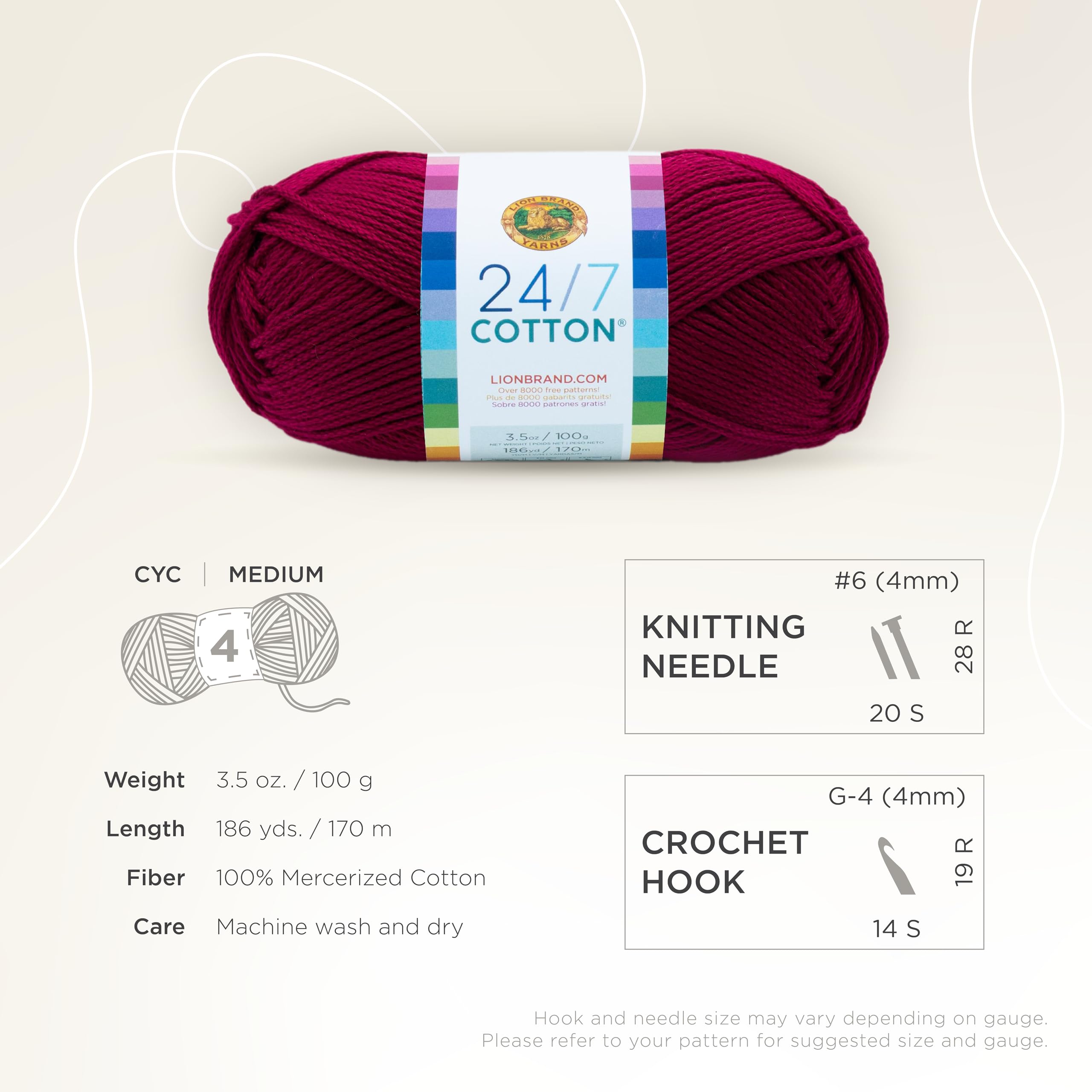 Lion Brand 24/7 Cotton Yarn, Lightweight Yarn for Knitting, Crocheting, and Crafts, Magenta, 3 Pack