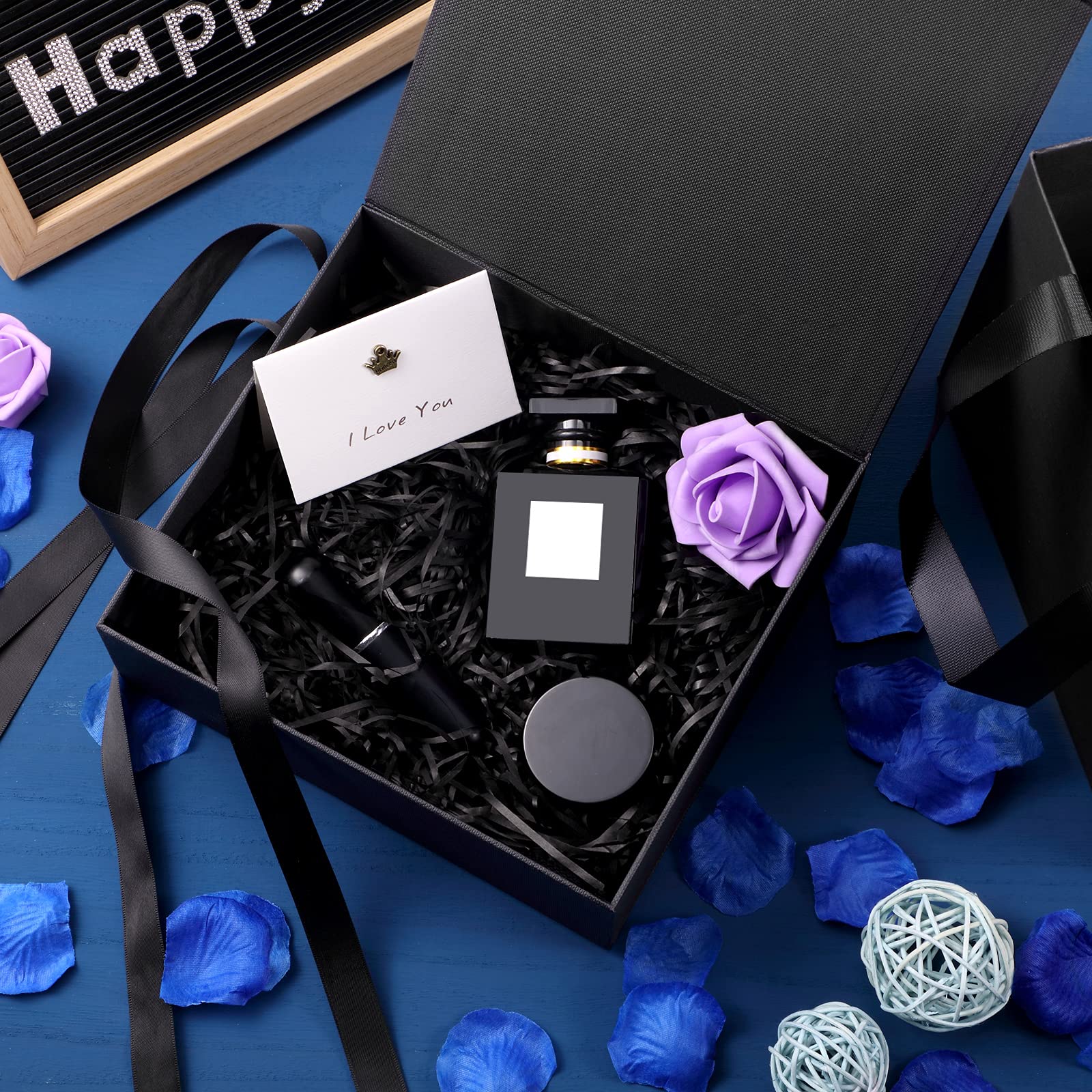 Gift Box 8 x 7 x 3 Inch,Valentines Day Present Box with Lid Paper Bridesmaids Proposal Box with Present Bag Card Ribbon Paper Filler,Gift Boxes for Presents,Wedding Birthdays Gift Packging (Black)