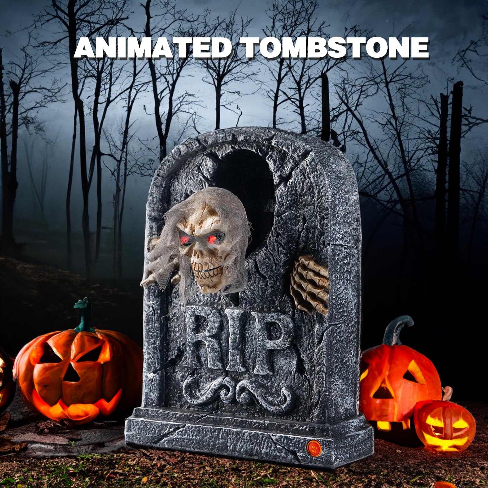 Motion Activated Halloween Animatronics Zombie Tombstone - LED Gravestone Decorations with Spooky Skeleton Skull Head, Light Up Eyes, Creepy Voice, Scary Motion Haunted Horror Prop for Indoor/Outdoor