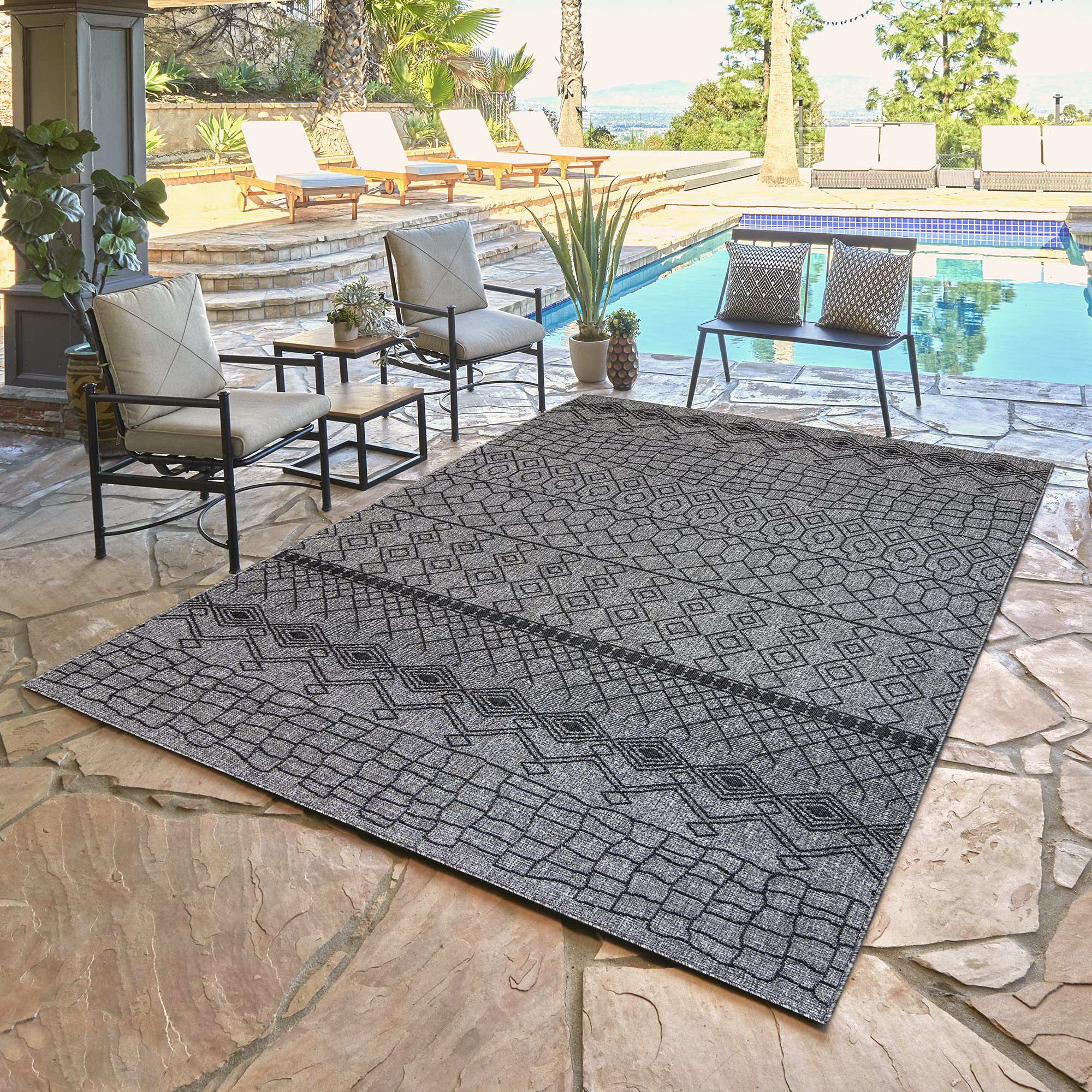 Gertmenian Indoor Outdoor Area Rug, Classic Flatweave, Moroccan Collection II, Stain & UV Resistant Carpet, Deck, Patio & Mudroom, 7x10 Large, Diamond Tribal Dark Gray, 18455
