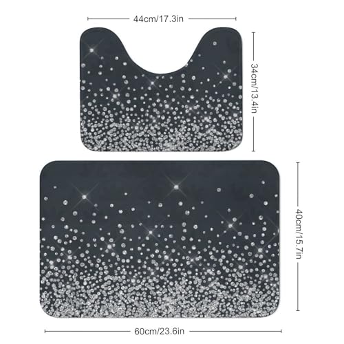 Bathroom Rug Set 2 Piece Black Silver Glitter Diamond Sparkly Bath Rugs and U-Shaped Contour Toilet Rug, Non-Slip Bath Carpet Bath Mats for Bathroom 15.7"x23.6"