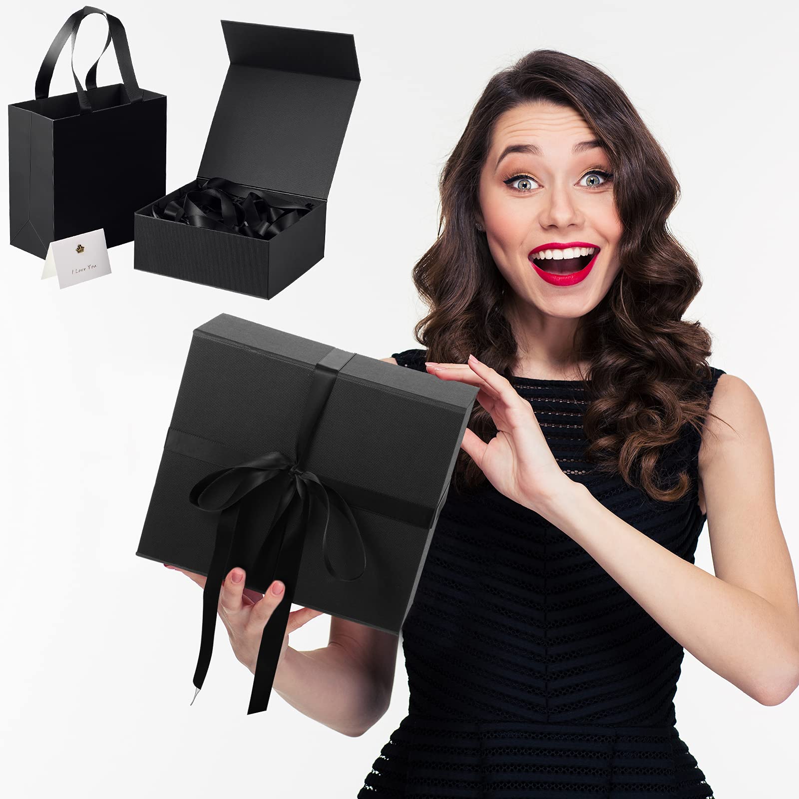 Gift Box 8 x 7 x 3 Inch,Valentines Day Present Box with Lid Paper Bridesmaids Proposal Box with Present Bag Card Ribbon Paper Filler,Gift Boxes for Presents,Wedding Birthdays Gift Packging (Black)