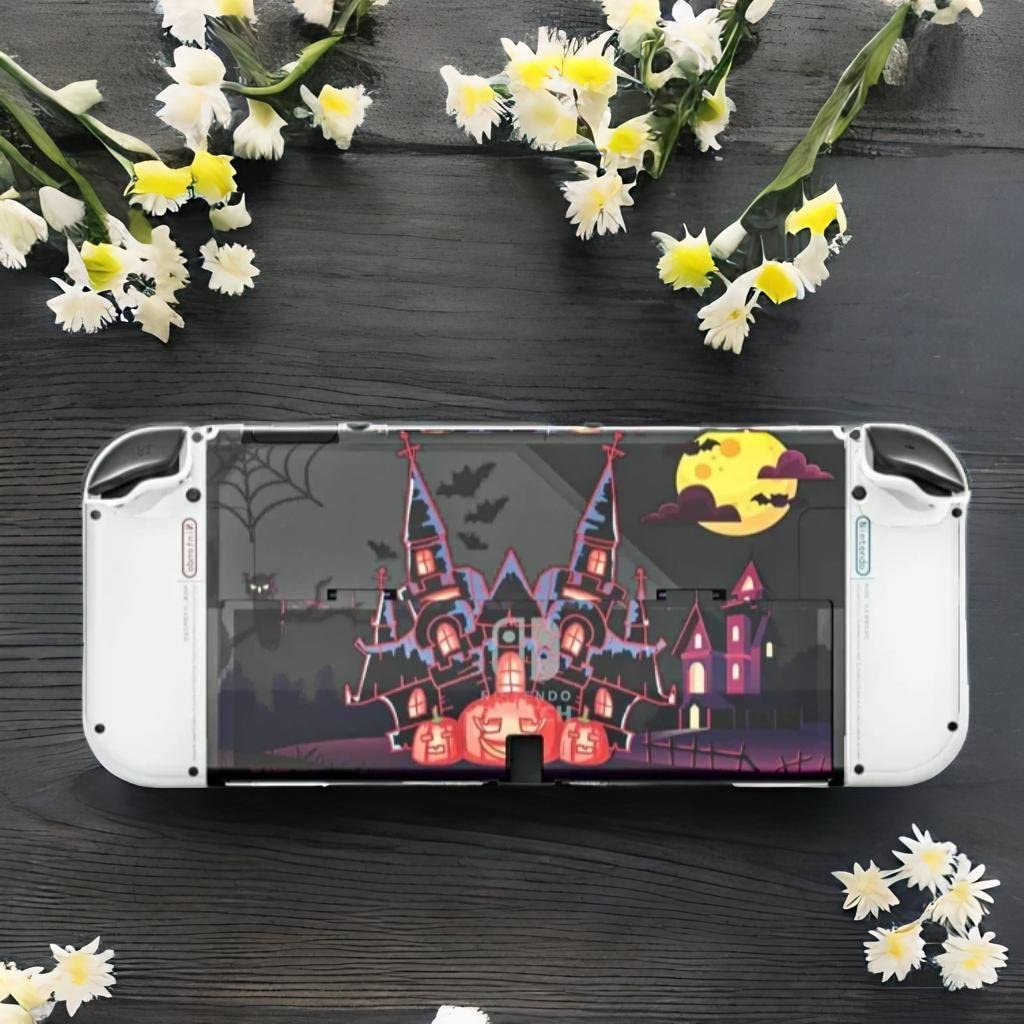 Halloween Decoration Switch OLED Case, Switch OLED Protective Case with TPU Joycon Covers and Glass Screen Protector and Thumb Grip Caps