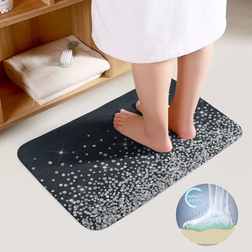 Bathroom Rug Set 2 Piece Black Silver Glitter Diamond Sparkly Bath Rugs and U-Shaped Contour Toilet Rug, Non-Slip Bath Carpet Bath Mats for Bathroom 15.7"x23.6"