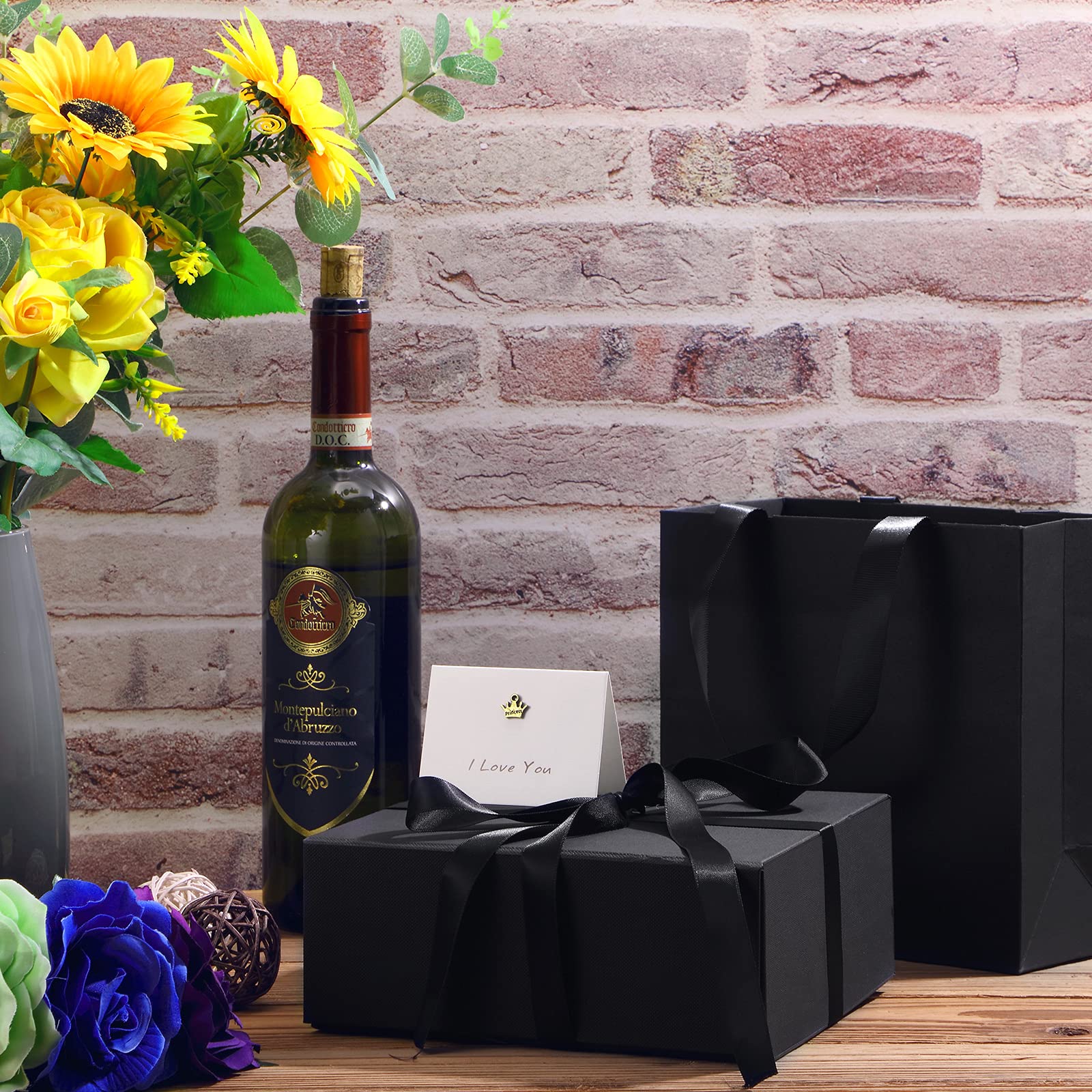 Gift Box 8 x 7 x 3 Inch,Valentines Day Present Box with Lid Paper Bridesmaids Proposal Box with Present Bag Card Ribbon Paper Filler,Gift Boxes for Presents,Wedding Birthdays Gift Packging (Black)