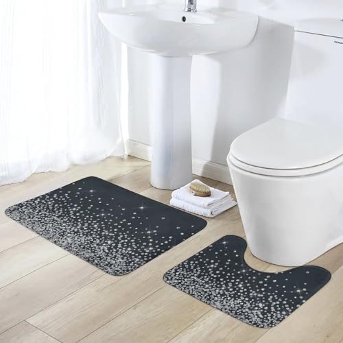 Bathroom Rug Set 2 Piece Black Silver Glitter Diamond Sparkly Bath Rugs and U-Shaped Contour Toilet Rug, Non-Slip Bath Carpet Bath Mats for Bathroom 15.7"x23.6"