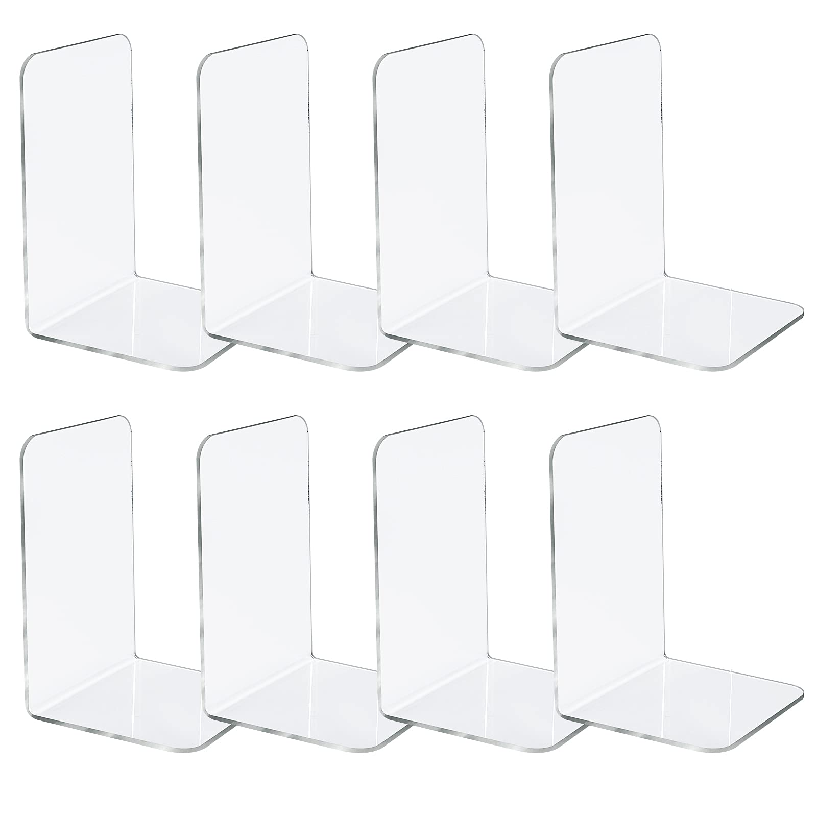 Jekkis 8pcs Clear Bookends Acrylic Book Ends for Shelves Heavy Duty Bookends Plastic Bookends for Home Office Library , Book Stopper, Desktop Organizer, 7.3” x 4.8” x 4.8”