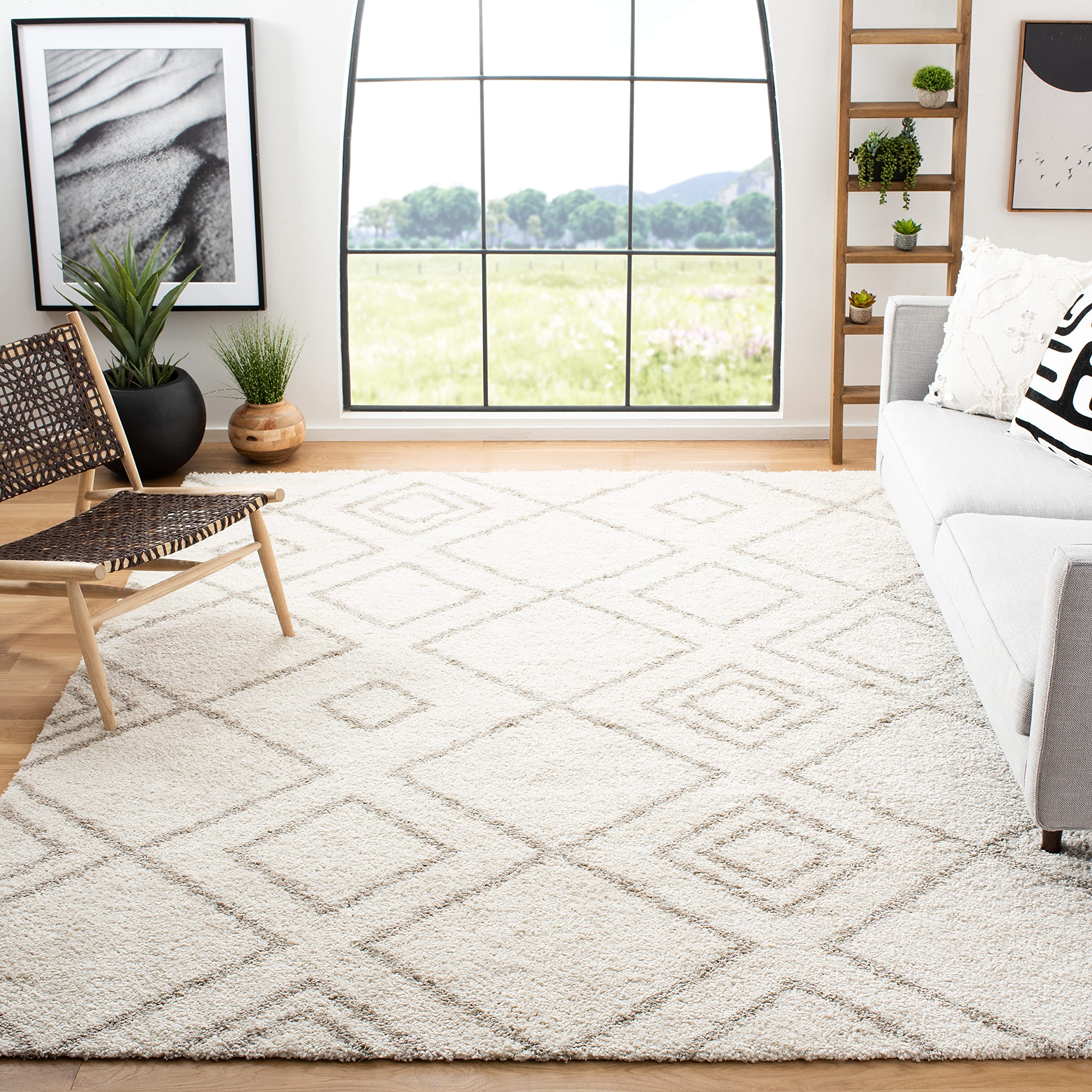 SAFAVIEH Arizona Shag Collection Area Rug - 8' x 10', Ivory & Beige, Moroccan Diamond Design, Non-Shedding & Easy Care, 1.6-inch Thick Ideal for High Traffic Areas in Living Room, Bedroom (ASG744A)