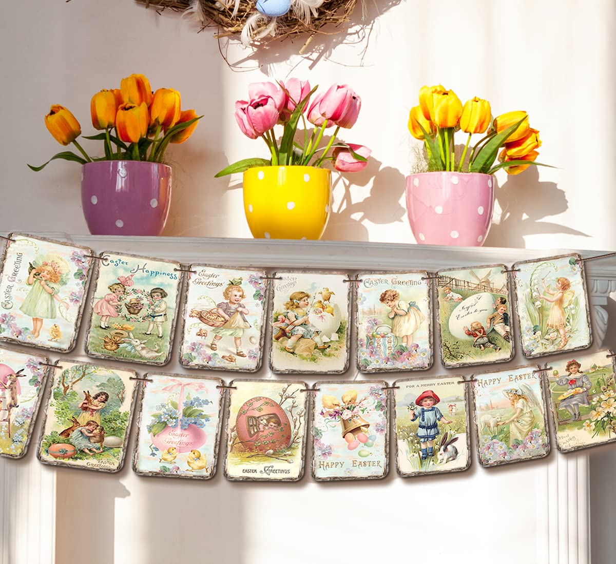 Vintage Easter Party Banner Decoration-Happy Easter Supplies Traditional Retro Victoria Style Bunny Hanging Bunting Garland Decoration for Fireplace Indoor Outdoor Easter Holiday
