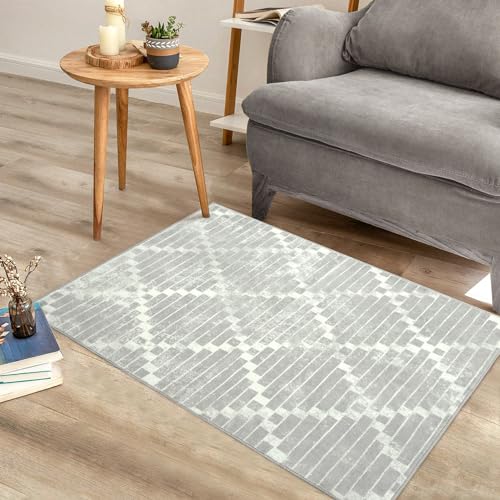 ROYHOME Washable Area Rug Entryway Small Rug Non-Slip Diamond Distressed Accent Rugs Modern Geometric Floor Carpet for Door Mat Bedroom Kitchen Living Room Rug, Grey, 2' x 3'