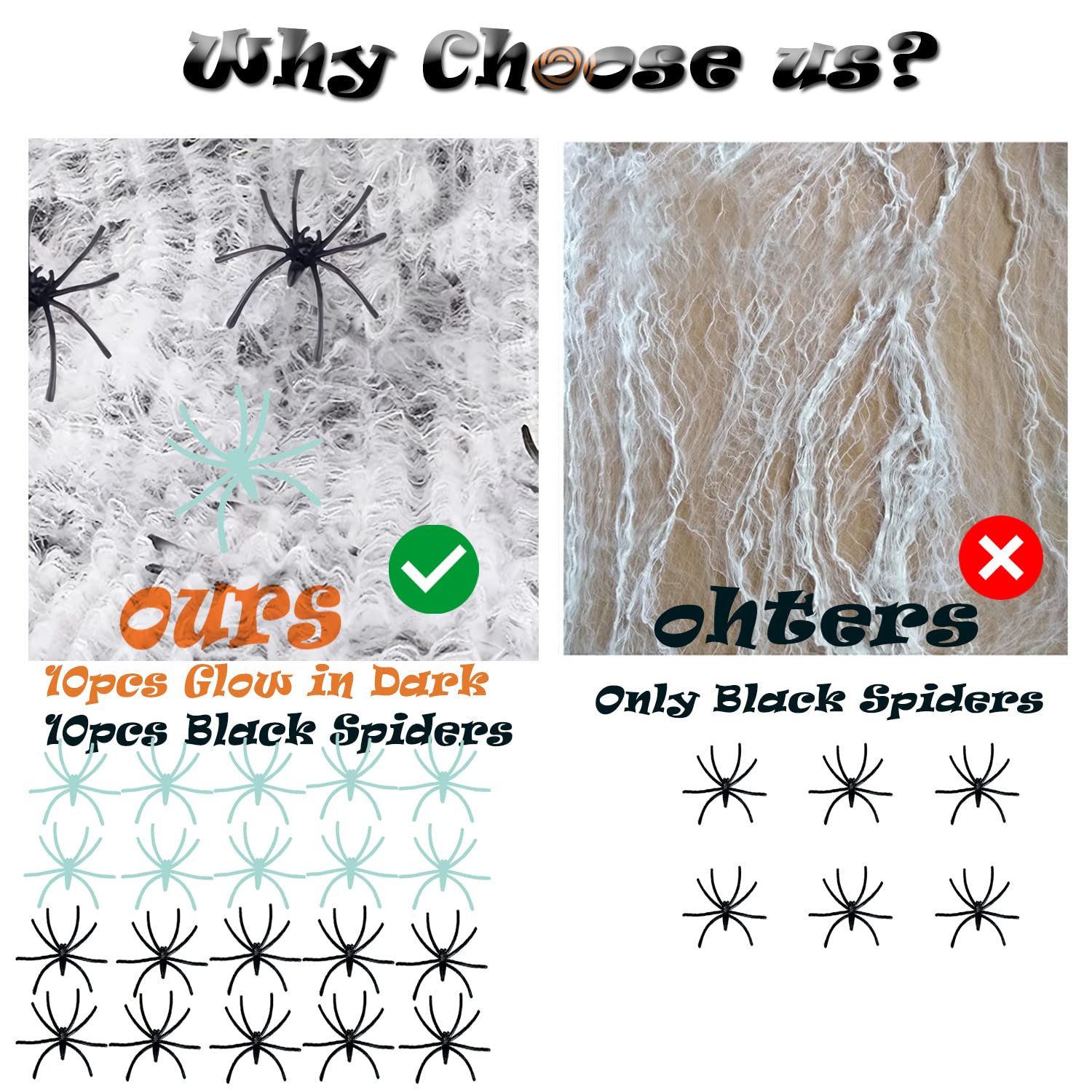 KIWILEPI 300sqft Spider Webs Halloween Decorations,Stretchy Spider Web Cobwebs with 10 Glow Fake Spider 10 Creepy Black Spiders White Webbing Outdoor Indoor Haunted House Spooky Party Décor