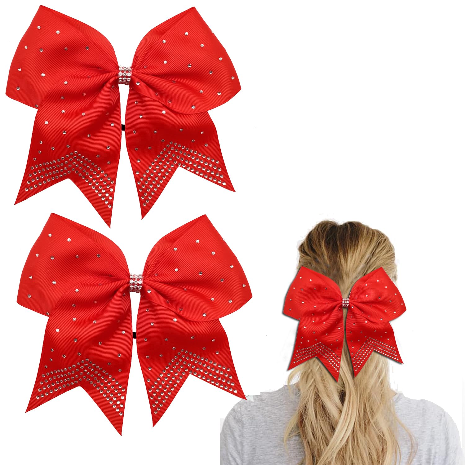 Large Cheer Hair bows with Rhinestones,Cheerleading Bow with Ponytail Holder Elastic Band for Cheerleaders Teen Girls College Sports (Red)
