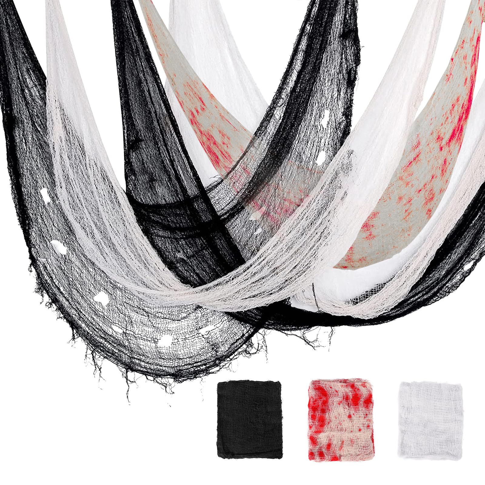 3Pcs Halloween Creepy Cloth 144x31 Inches Spooky Halloween Gauze Cheesecloth Halloween Party Decorations Supplies Indoor Outdoor Wall Yard Patio Decor(Black, White, Blood Red)