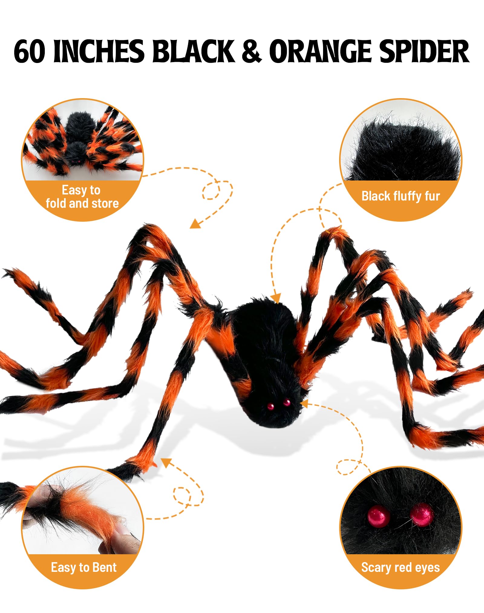 Kefron Hallow Decorations 150LED Light Up 23Ft Triangular Spider Web with 60'' Black Orange Giant Spider for Outdoor Home Yard Halloween Party Deco, Included 20 Mini Spiders 40g Stretchable Spiderweb
