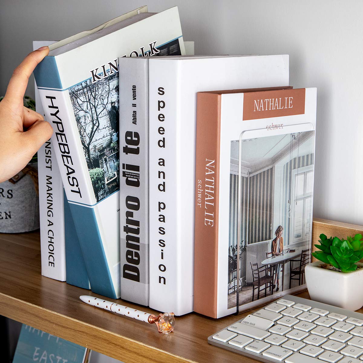 Jekkis 8pcs Clear Bookends Acrylic Book Ends for Shelves Heavy Duty Bookends Plastic Bookends for Home Office Library , Book Stopper, Desktop Organizer, 7.3β x 4.8β x 4.8β