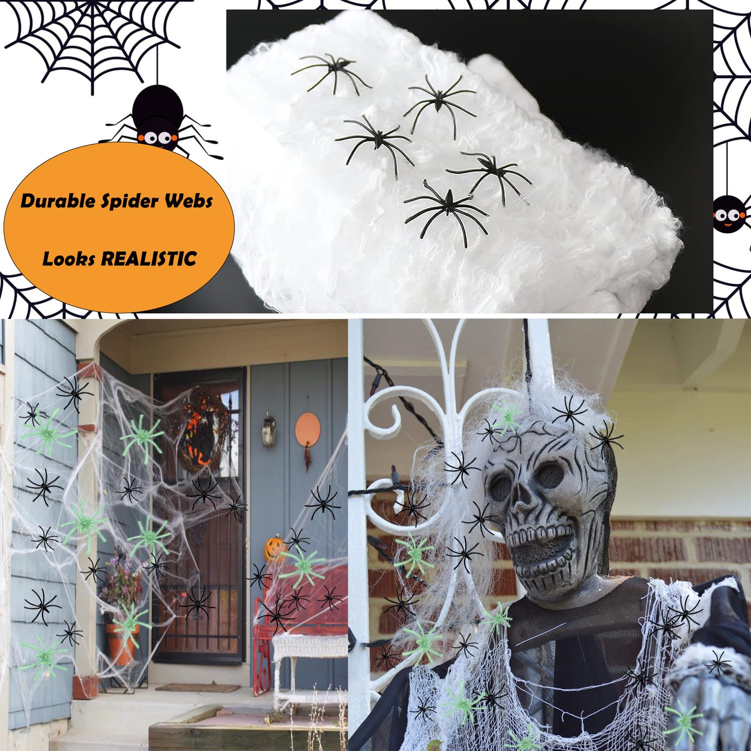 KIWILEPI 300sqft Spider Webs Halloween Decorations,Stretchy Spider Web Cobwebs with 10 Glow Fake Spider 10 Creepy Black Spiders White Webbing Outdoor Indoor Haunted House Spooky Party Décor