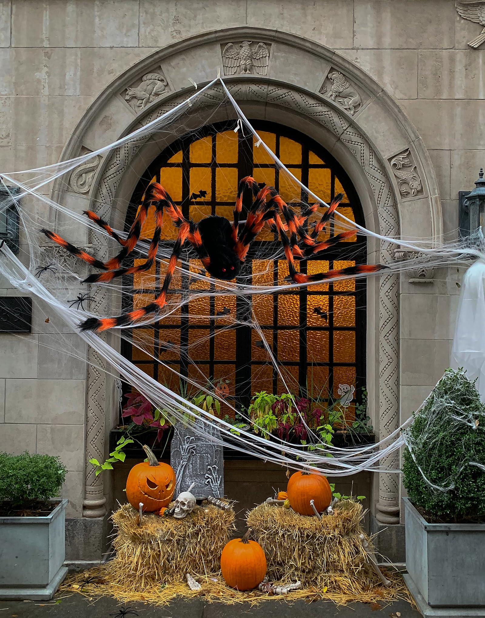 Kefron Hallow Decorations 150LED Light Up 23Ft Triangular Spider Web with 60'' Black Orange Giant Spider for Outdoor Home Yard Halloween Party Deco, Included 20 Mini Spiders 40g Stretchable Spiderweb