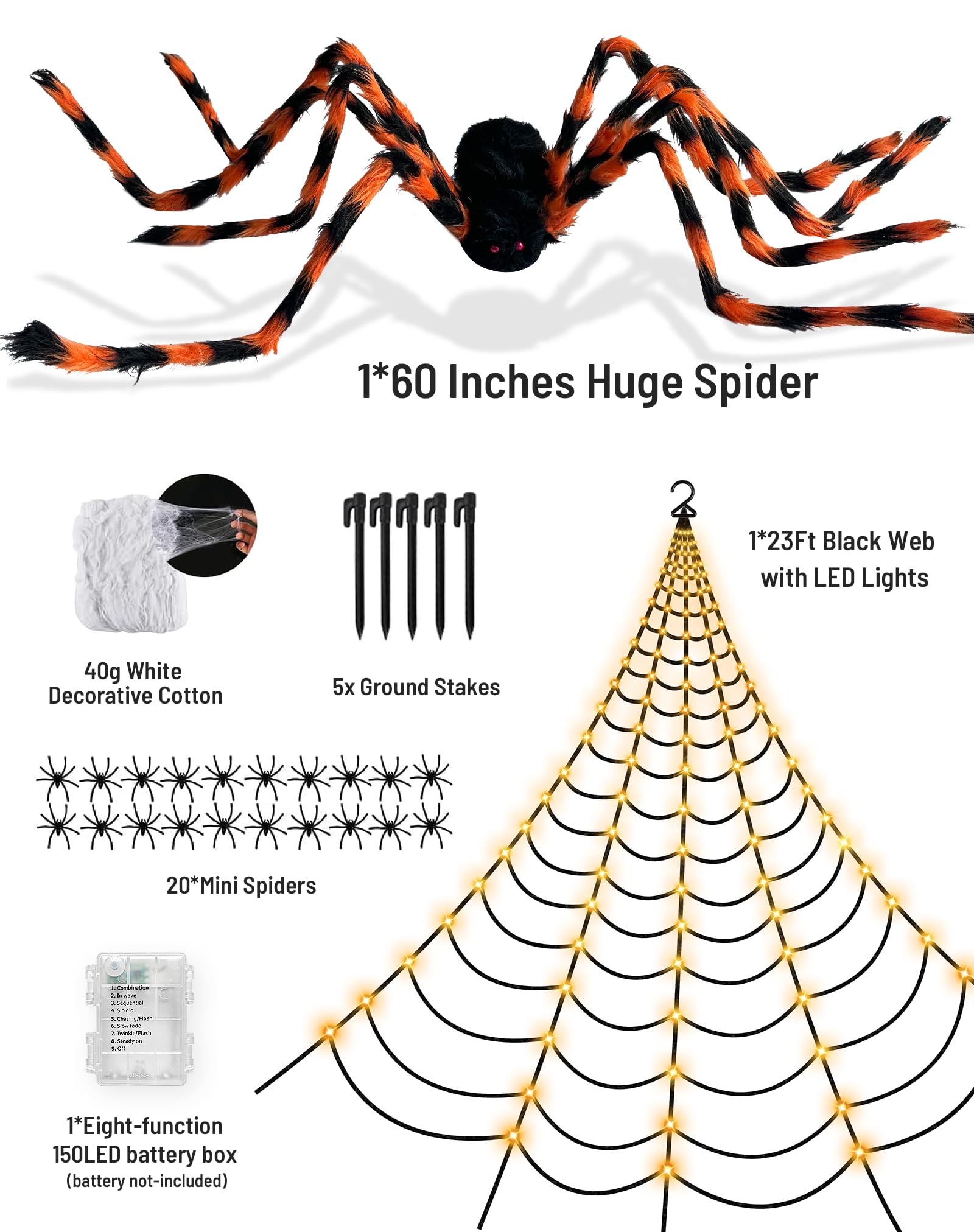 Kefron Hallow Decorations 150LED Light Up 23Ft Triangular Spider Web with 60'' Black Orange Giant Spider for Outdoor Home Yard Halloween Party Deco, Included 20 Mini Spiders 40g Stretchable Spiderweb