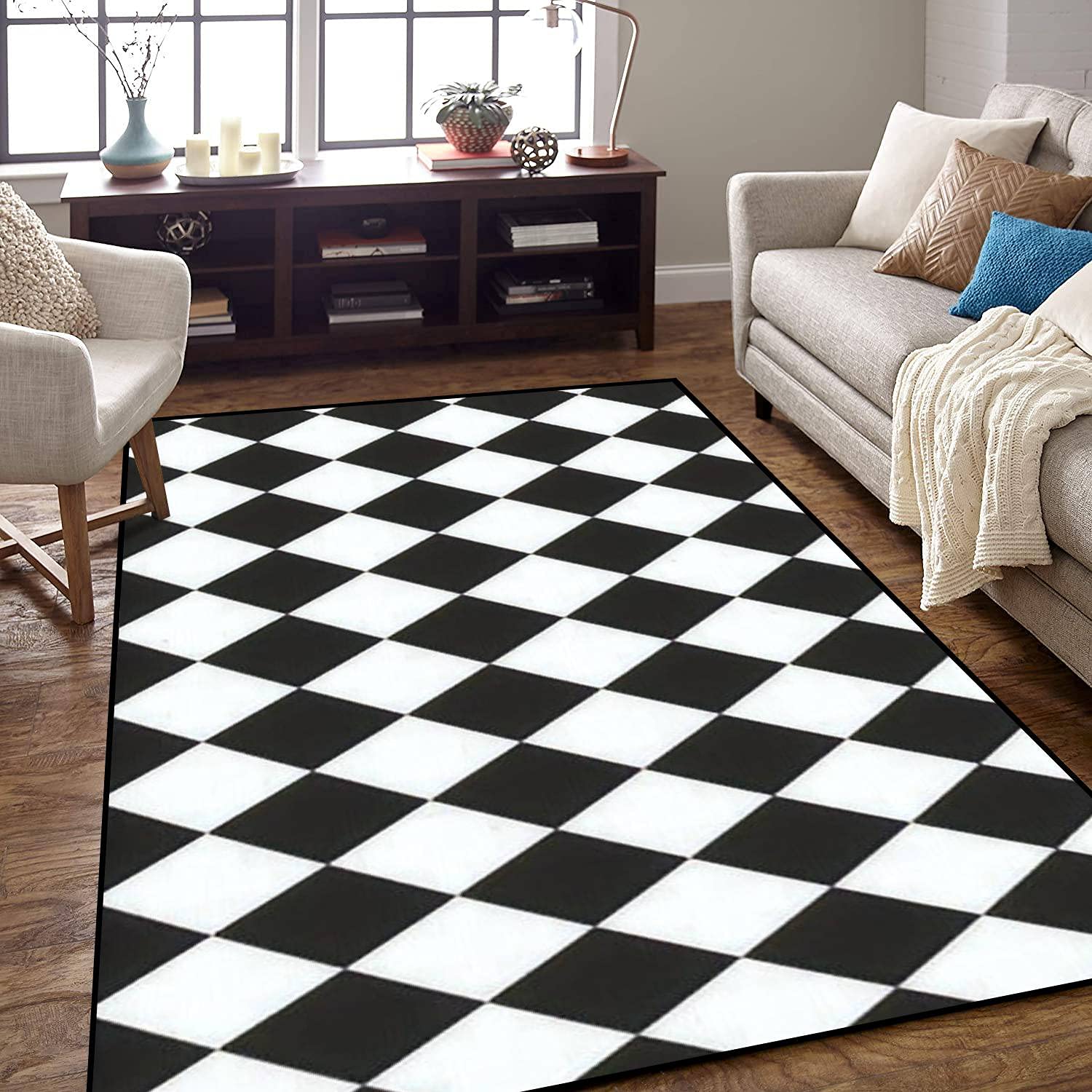 Area Rug Non-Slip Floor Mat Black and White Diamond Shape Pattern Background Indoor Outdoor Living Room Kids Room Bedroom Carpet Runner Rug Home Decor Doormat Yoga Mat Patio Mat
