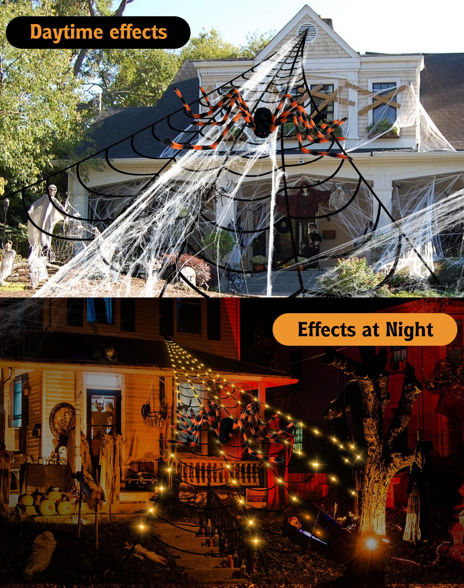 Kefron Hallow Decorations 150LED Light Up 23Ft Triangular Spider Web with 60'' Black Orange Giant Spider for Outdoor Home Yard Halloween Party Deco, Included 20 Mini Spiders 40g Stretchable Spiderweb