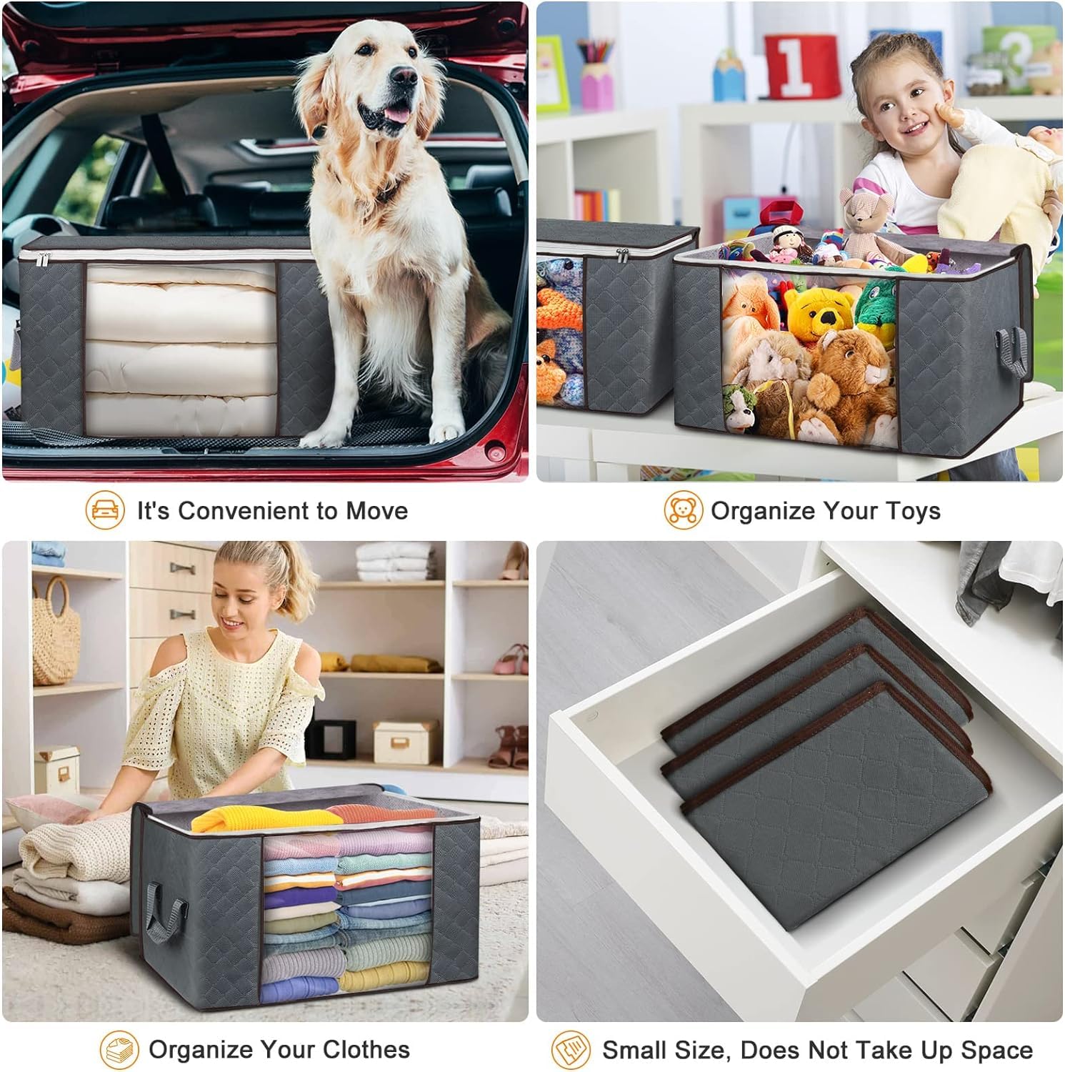 Clothes storage bags Large Capacity Clothes Storage Bins Foldable Closet Organizers Storage Containers with Durable Handles Thick Fabric for Blanket Comforter Clothing Bedding 6 Pack Gray